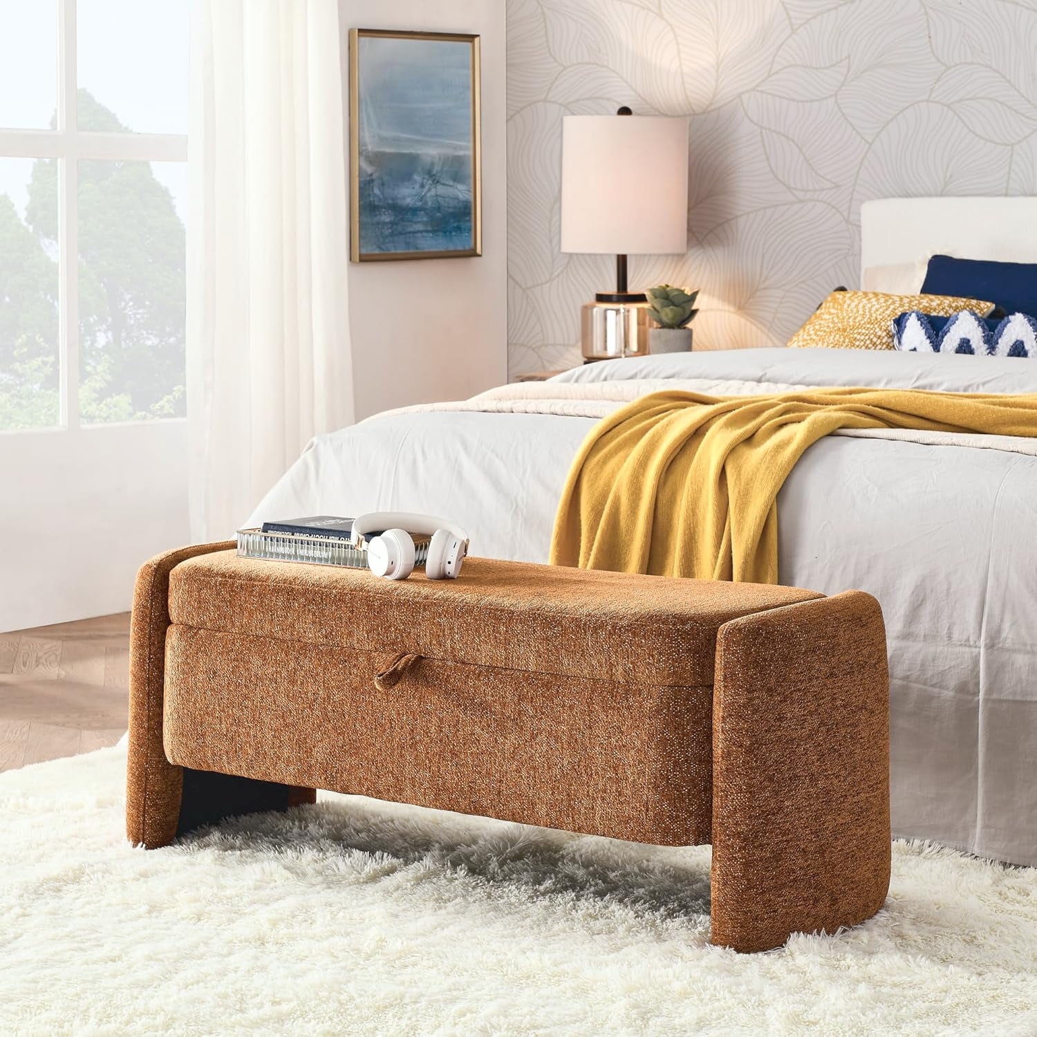 Teddy Bedroom Storage Benches End of Bed 38.9" Oval Faux Fur Ottoman ...