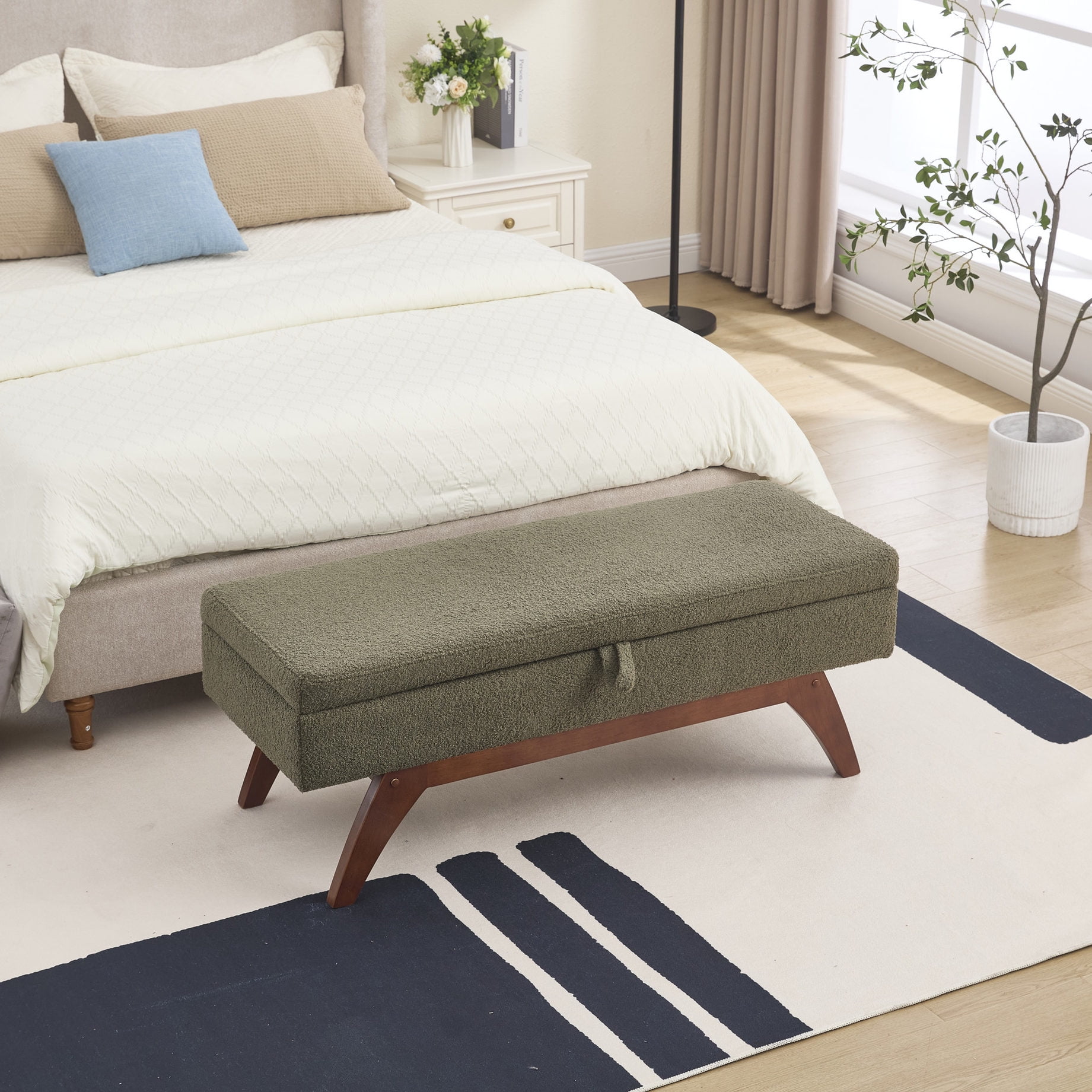 Teddy Fabric Bed Stool with Stable Solid Wood Base and Hidden Storage ...