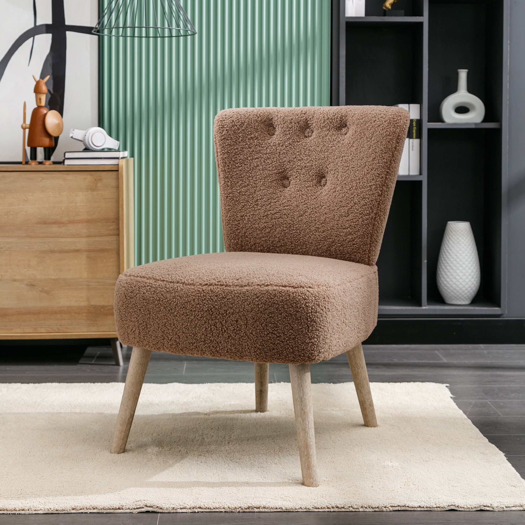 Teddy Fabric Button Accent Slipper Chair With Wooden Legs For Dining ...
