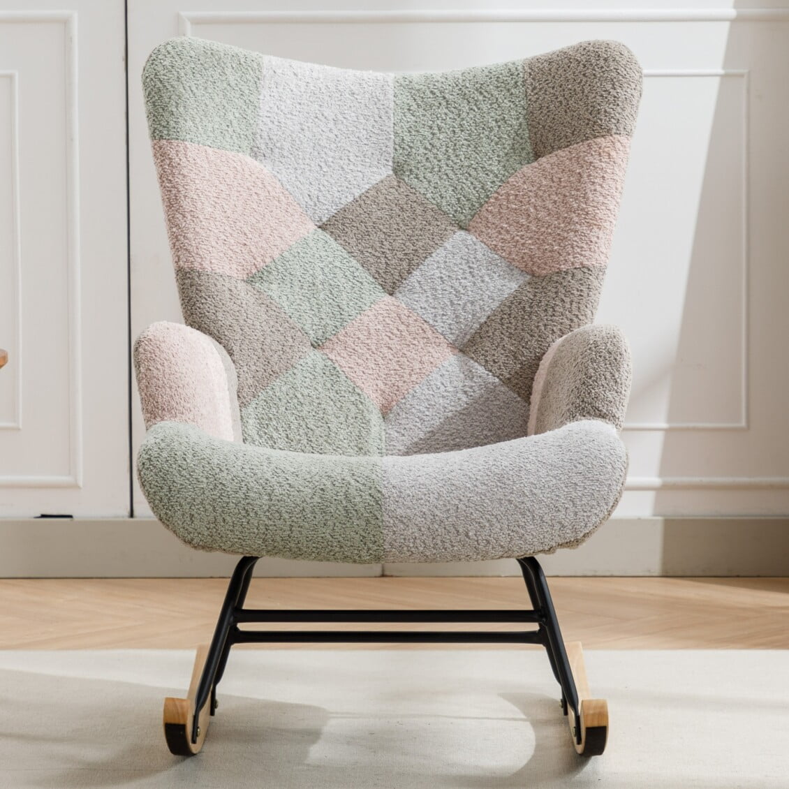 Teddy Fabric Padded Seat Rocking Chair with Solid Wood Armrest and Feet ...