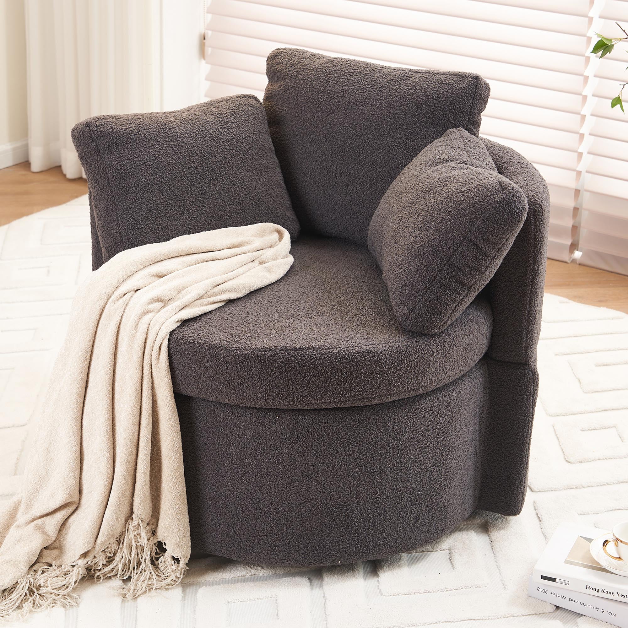 Teddy Fabric Swivel And Storage Chair With Back Cushion For Living Room ...