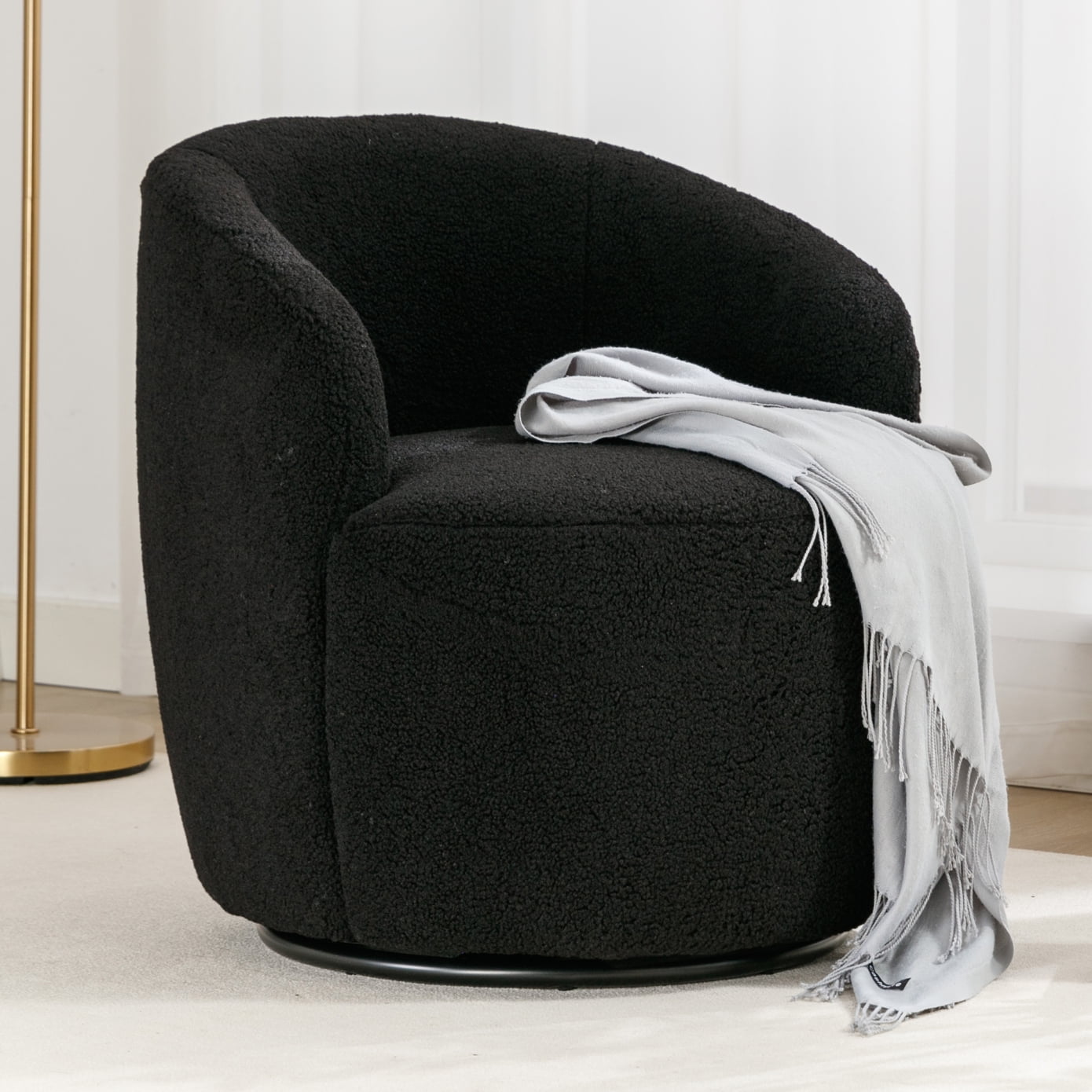 Teddy Fabric Swivel Barrel Chair with Curved Backrest and Armrest ...