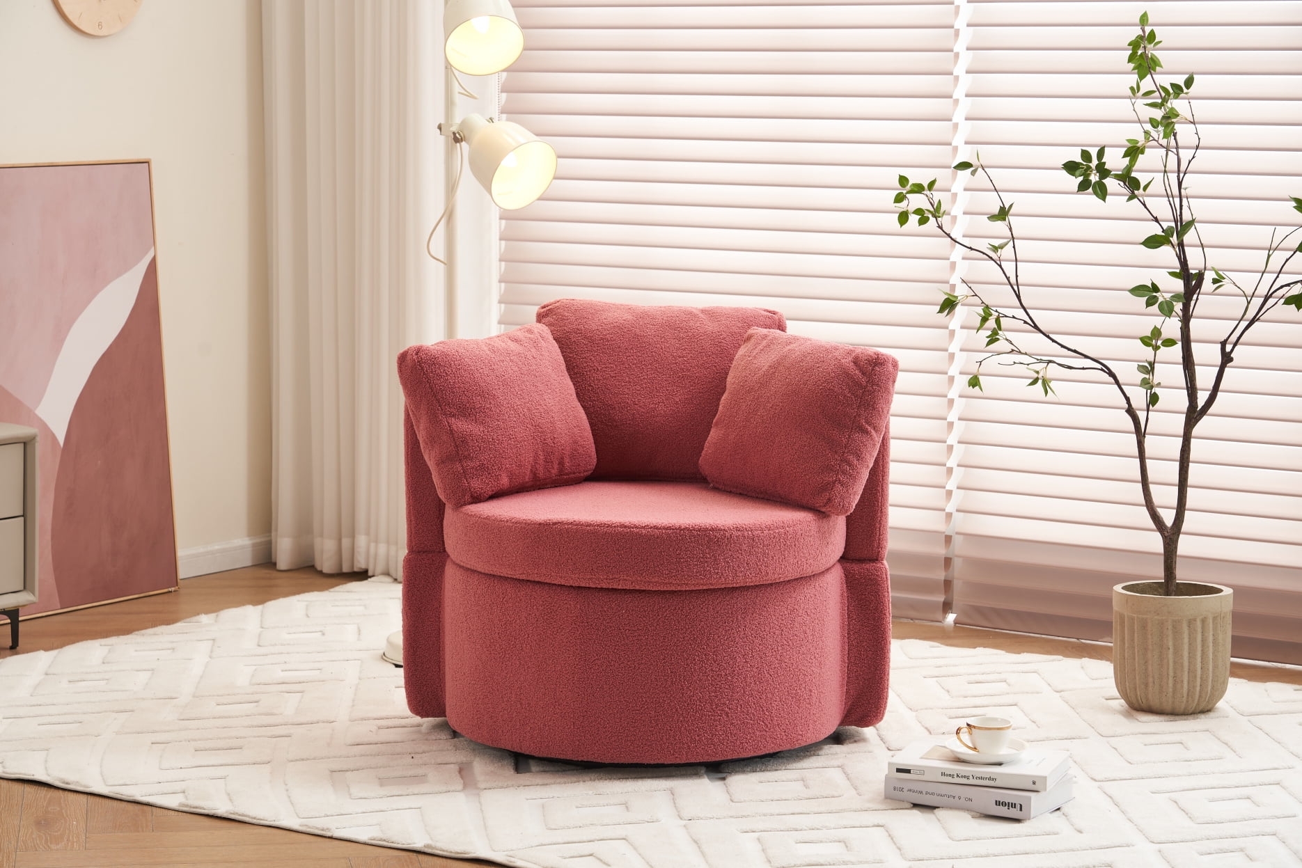 Teddy Fabric Swivel and Storage Chair, Reading Armchair with 3 Throw ...