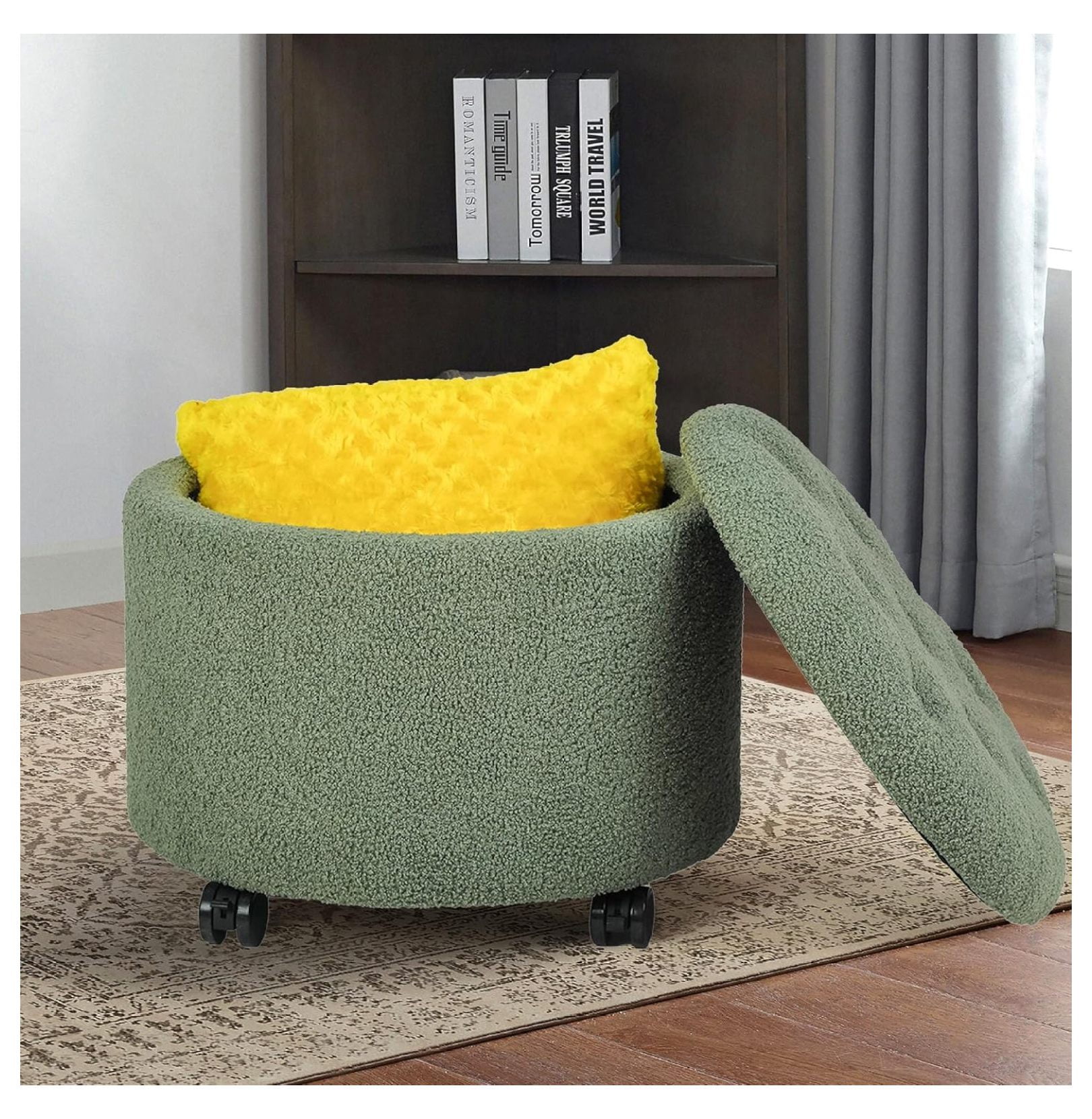 Teddy Fleece Cushion Round Button Tufted Storage Footstool, Height 16 ...