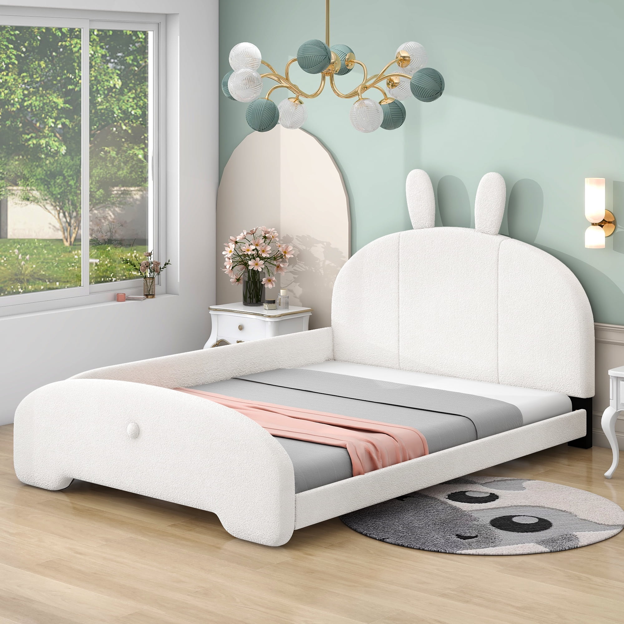 Rhromtree Teddy Fleece Full Size Bed with Cartoon Ears Headboard ...