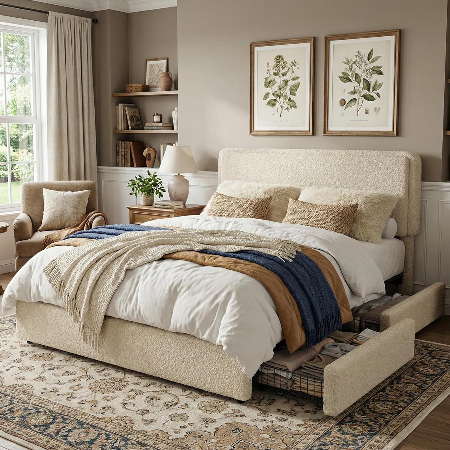 Teddy Fleece Full Size Bed Frame, Cloud Cream Bed Frame with 2 Storage ...