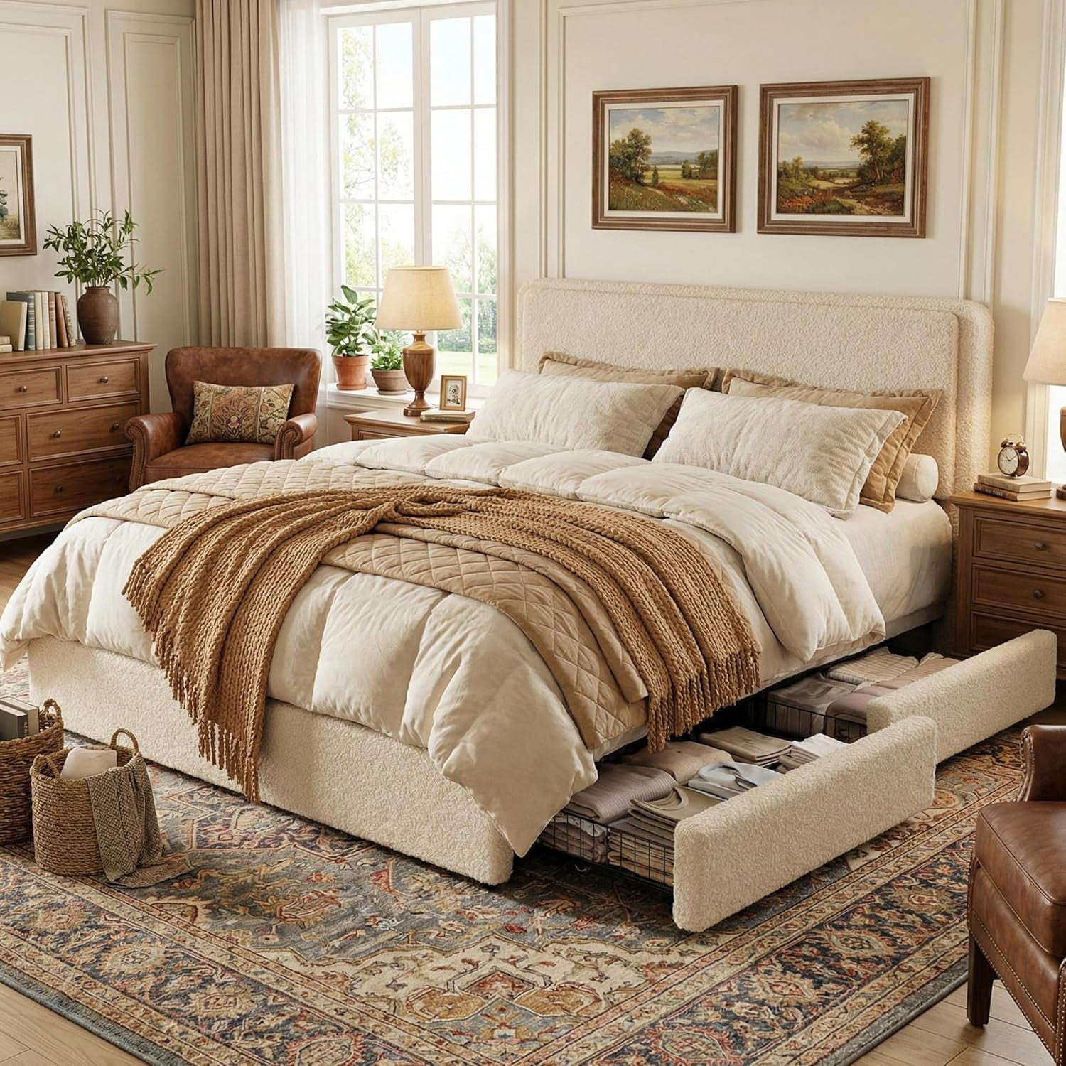 Teddy Fleece King Size Bed Frame, Cloud Cream Bed Frame with 2 Storage ...