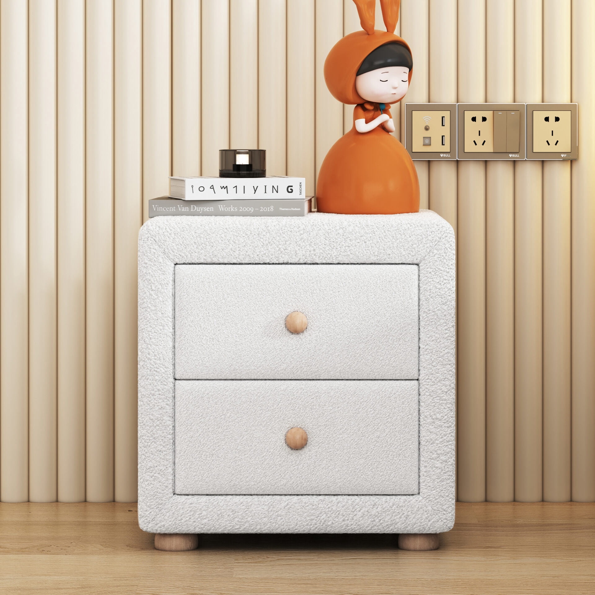 Teddy Fleece Nightstand with 2 Drawers, Upholstered Bedside Table with Wooden Legs, Modern Side ...