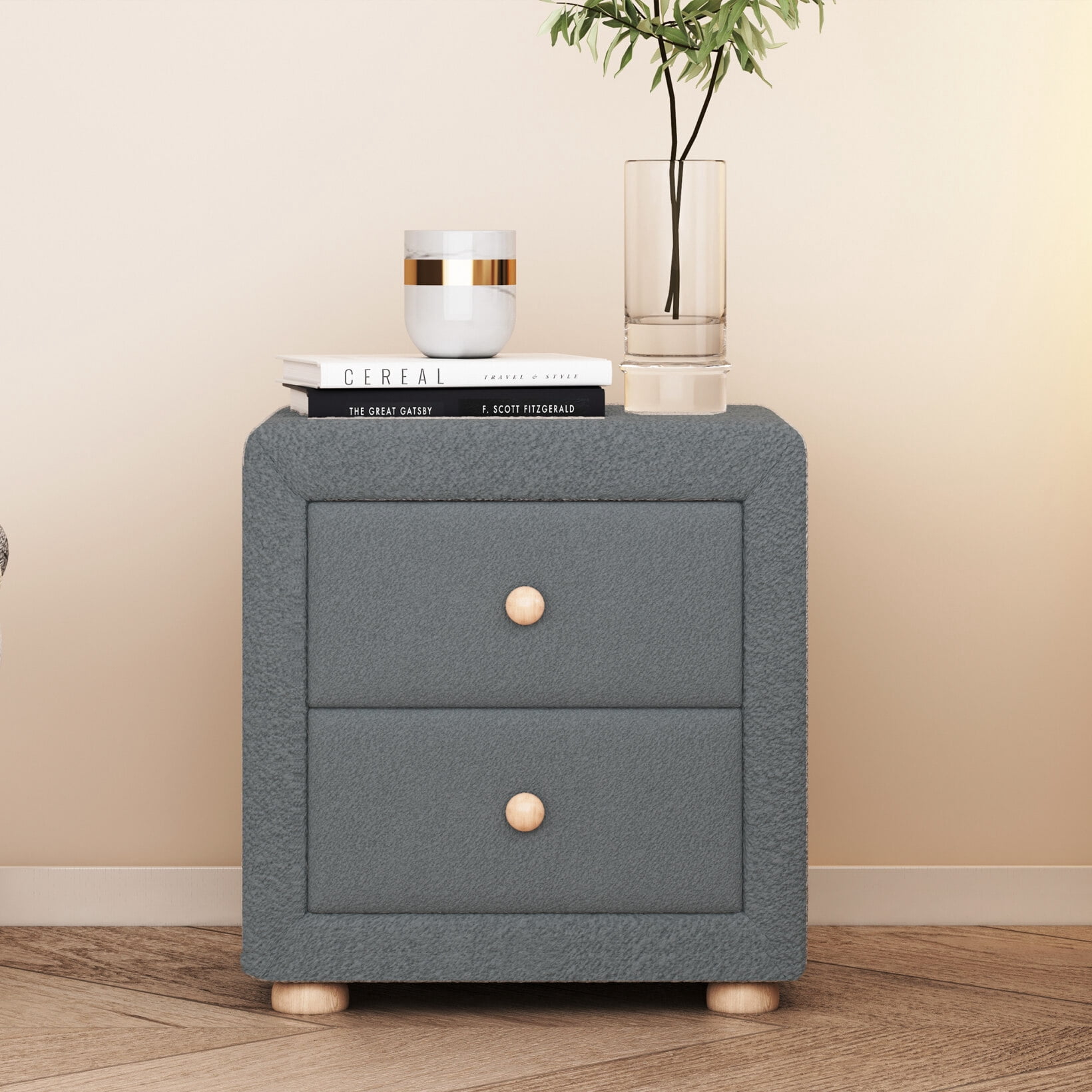Teddy Fleece Nightstand,Upholstered Bedside Table with 2 Drawers and ...