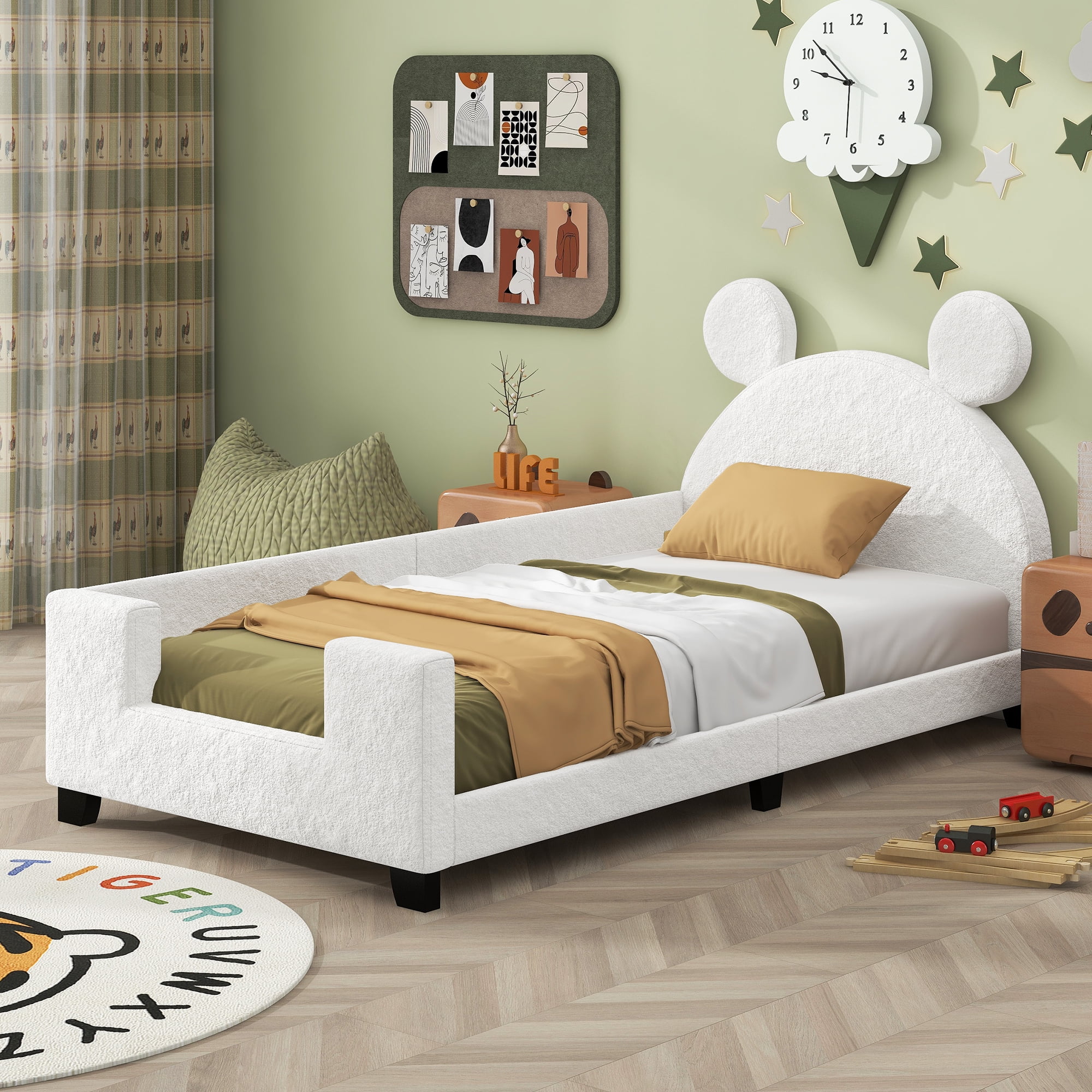 Teddy Fleece Twin Size Upholstered Platform Bed with Carton Ears Shaped ...