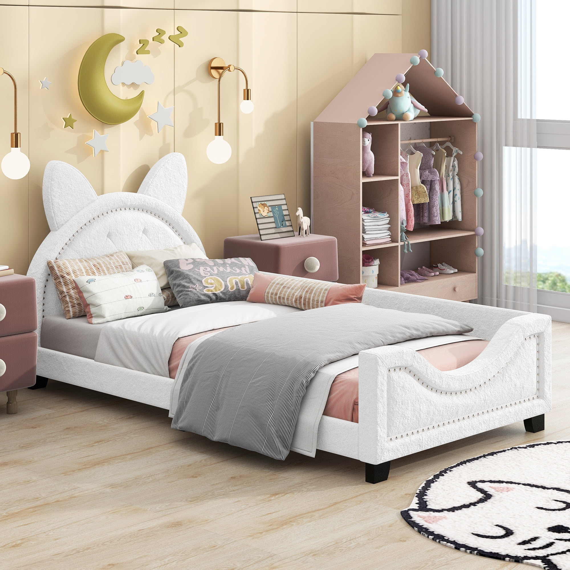 Teddy Fleece Twin Size Upholstered Platform Bed with Carton Ears Shaped ...