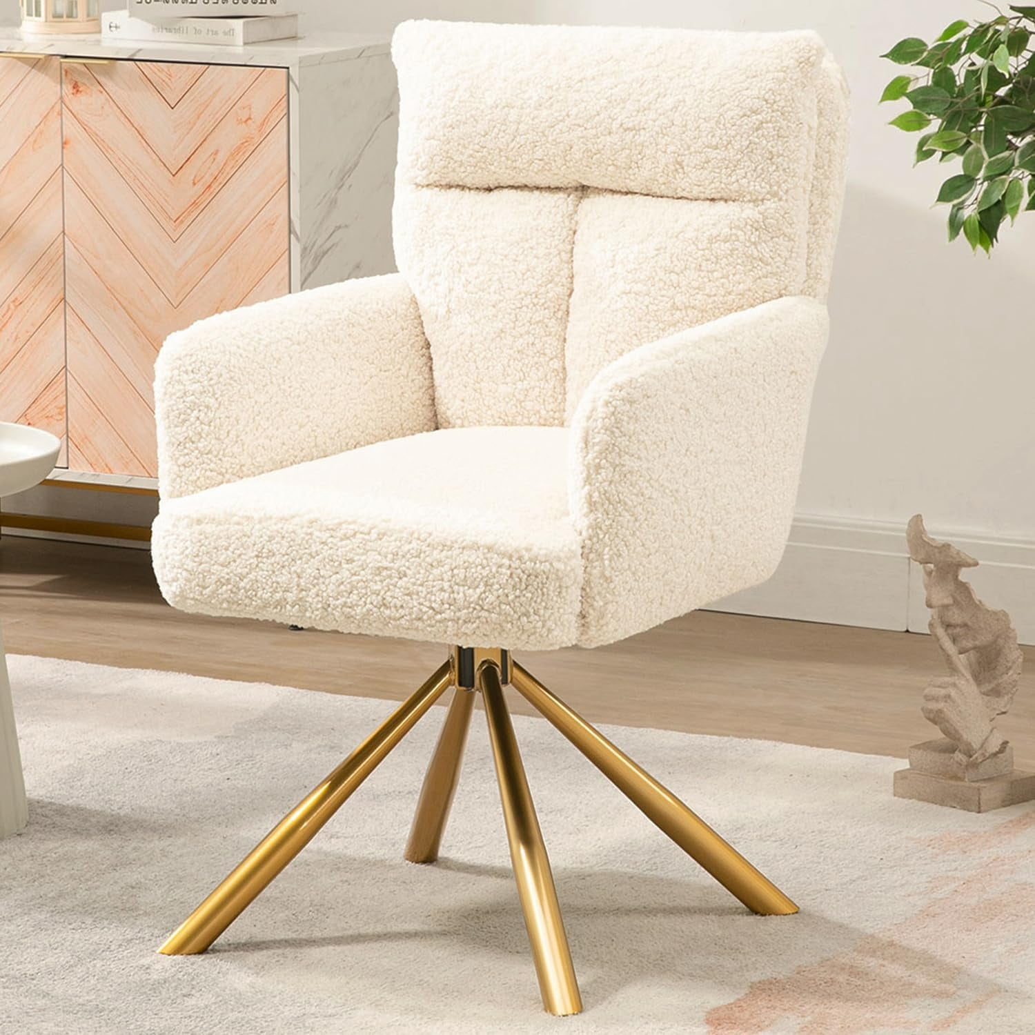 Teddy Office Desk Chair No Wheels, Modern Vanity Chair with Gold Legs ...