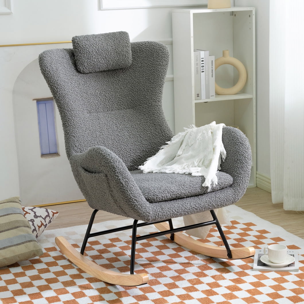 Teddy Rocking Chair,Upholstered Rocker Chair with Handy Side Pocket ...