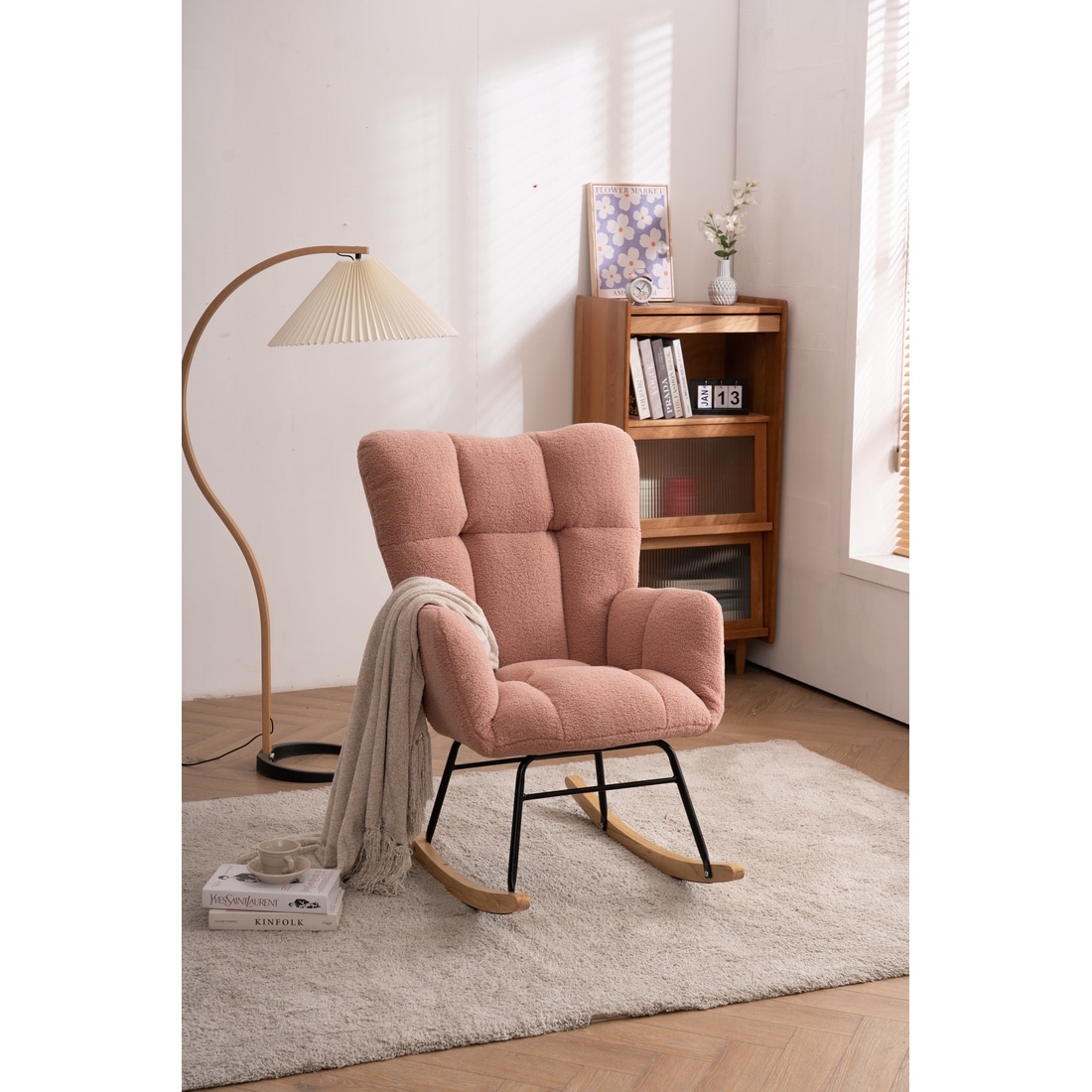 Teddy fabric Tufted Upholstered Rocking Chair Rose pink - Walmart.com