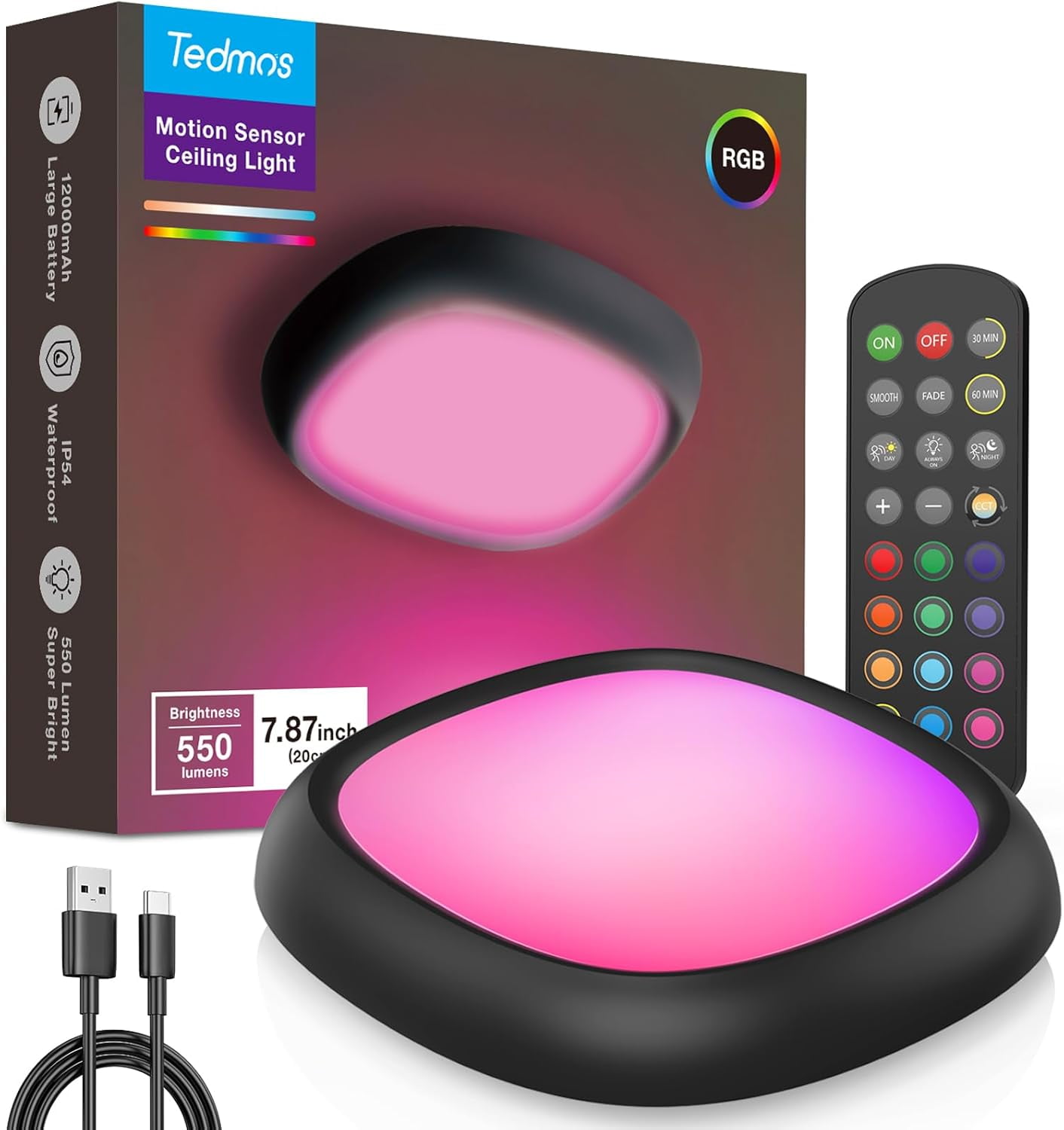 Tedmos Rechargeable Ceiling Light Motion Sensor, IP54 Waterproof Shower ...
