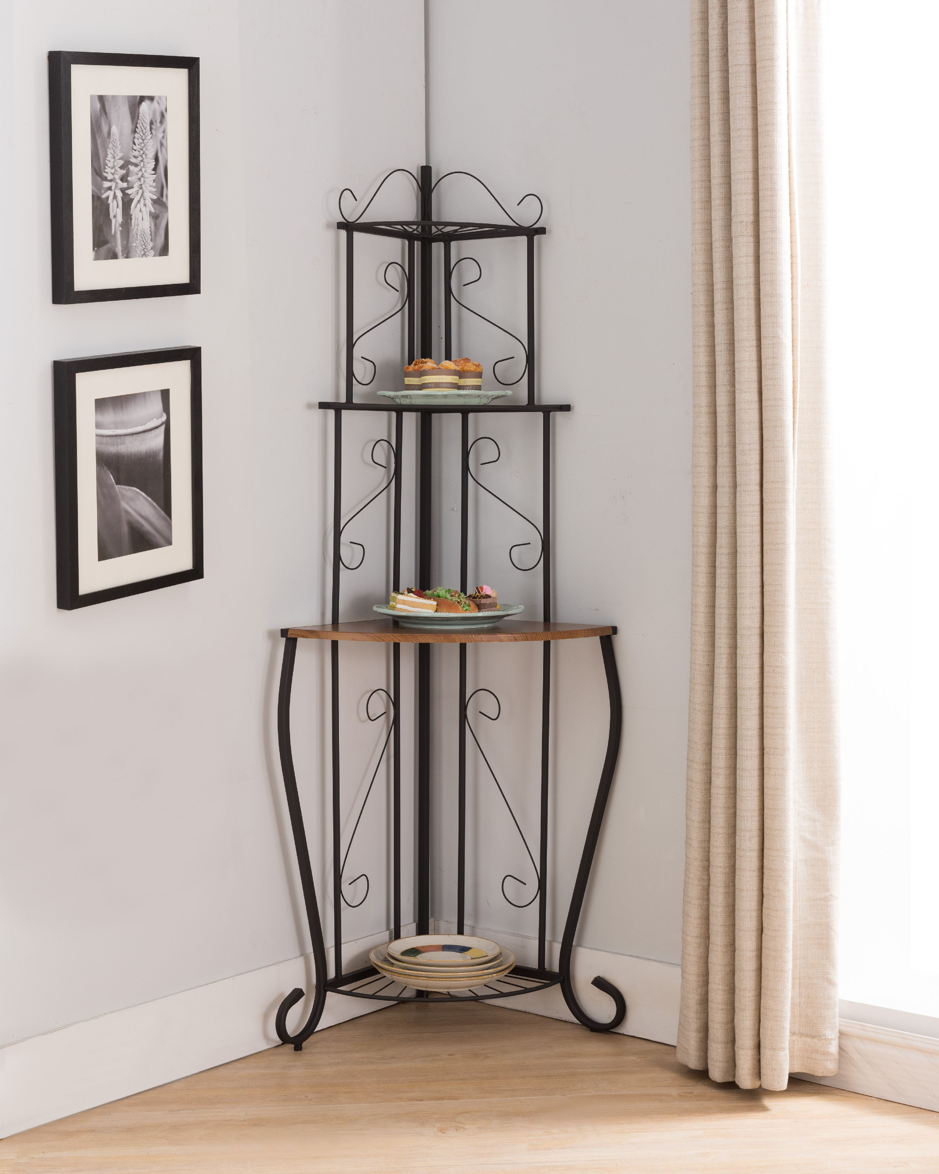 Tedor Black Metal & Walnut Wood 4 Tier Corner Storage Rack ...