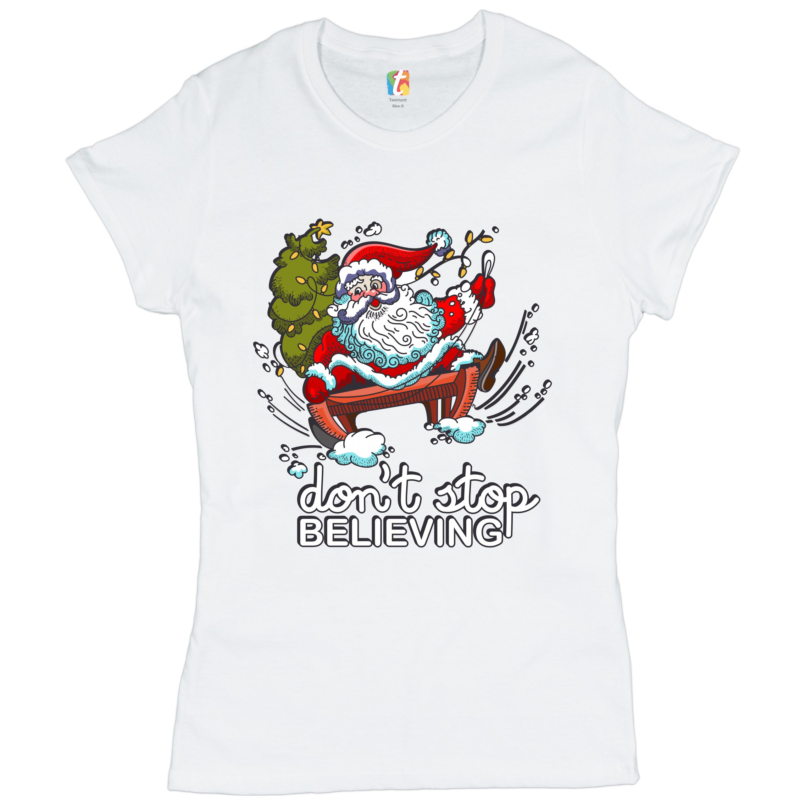 Tee Hunt Don't Stop Believing T-Shirt Christmas Holiday Spirit Santa ...
