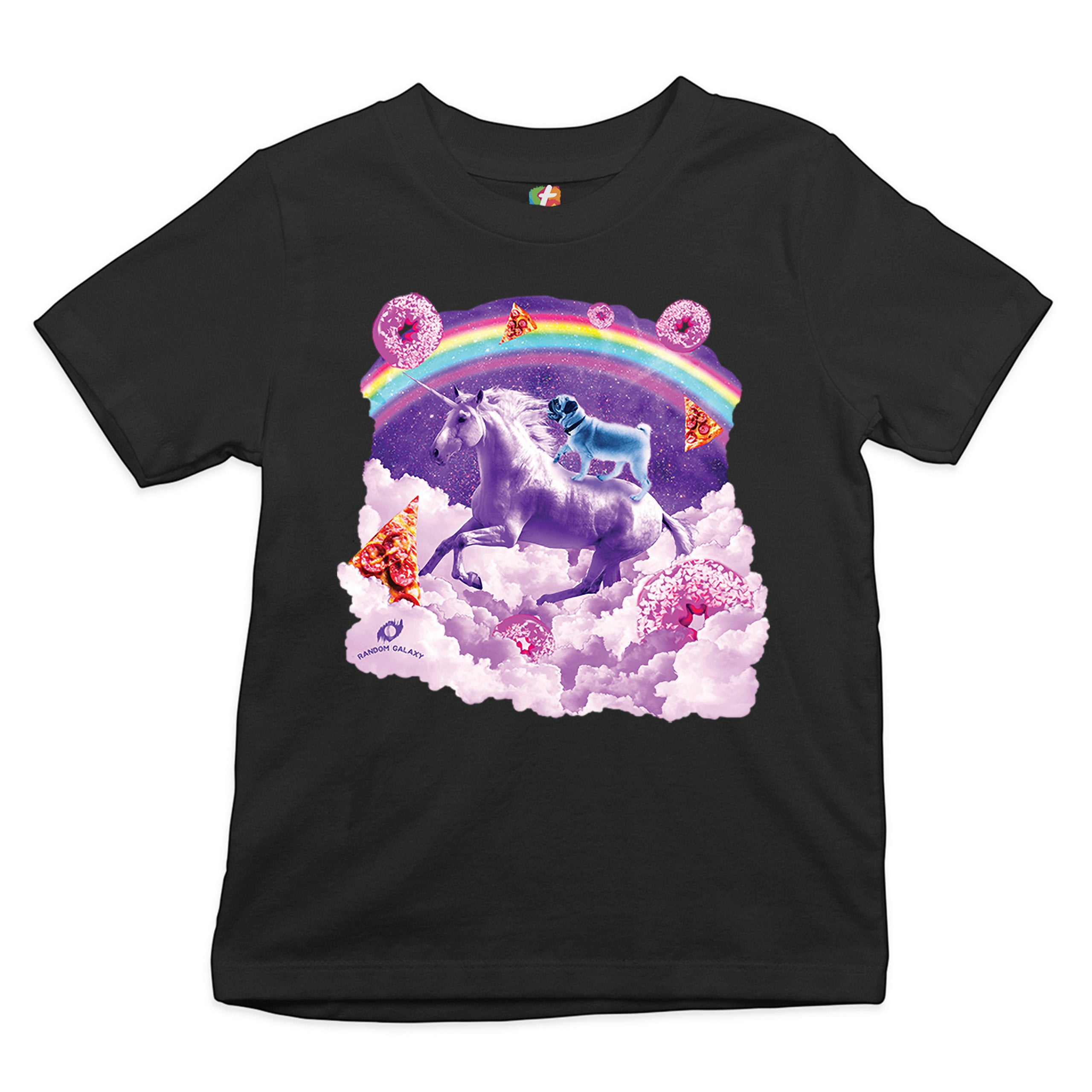 Tee Hunt Pug Riding a Unicorn in Clouds Youth T-Shirt Space Rainbow ...