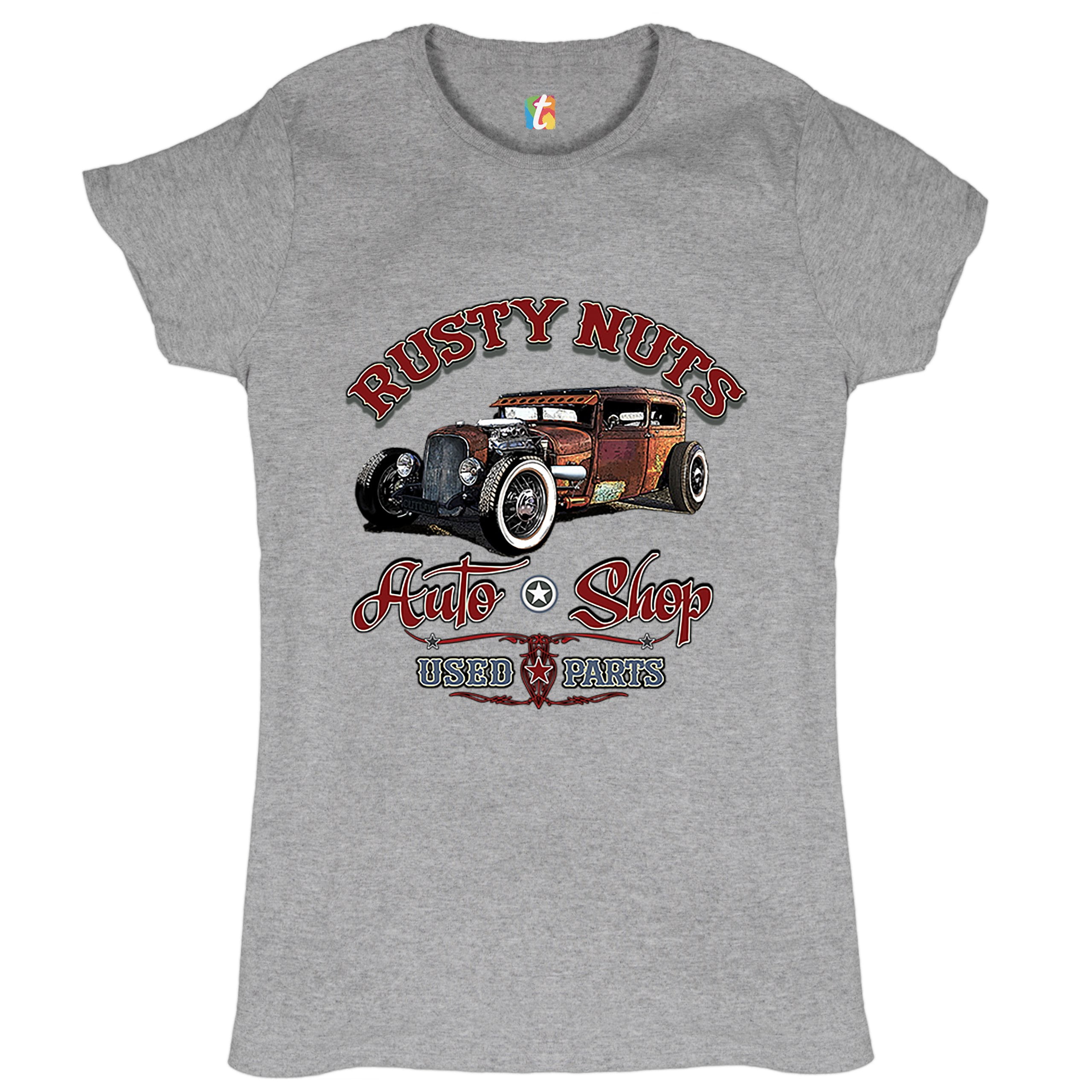 Tee Hunt Rusty Nuts Auto Shop Women's T-Shirt Novelty T-Shirt Vintage Lowrider Rat Rod Tee, Gray ...