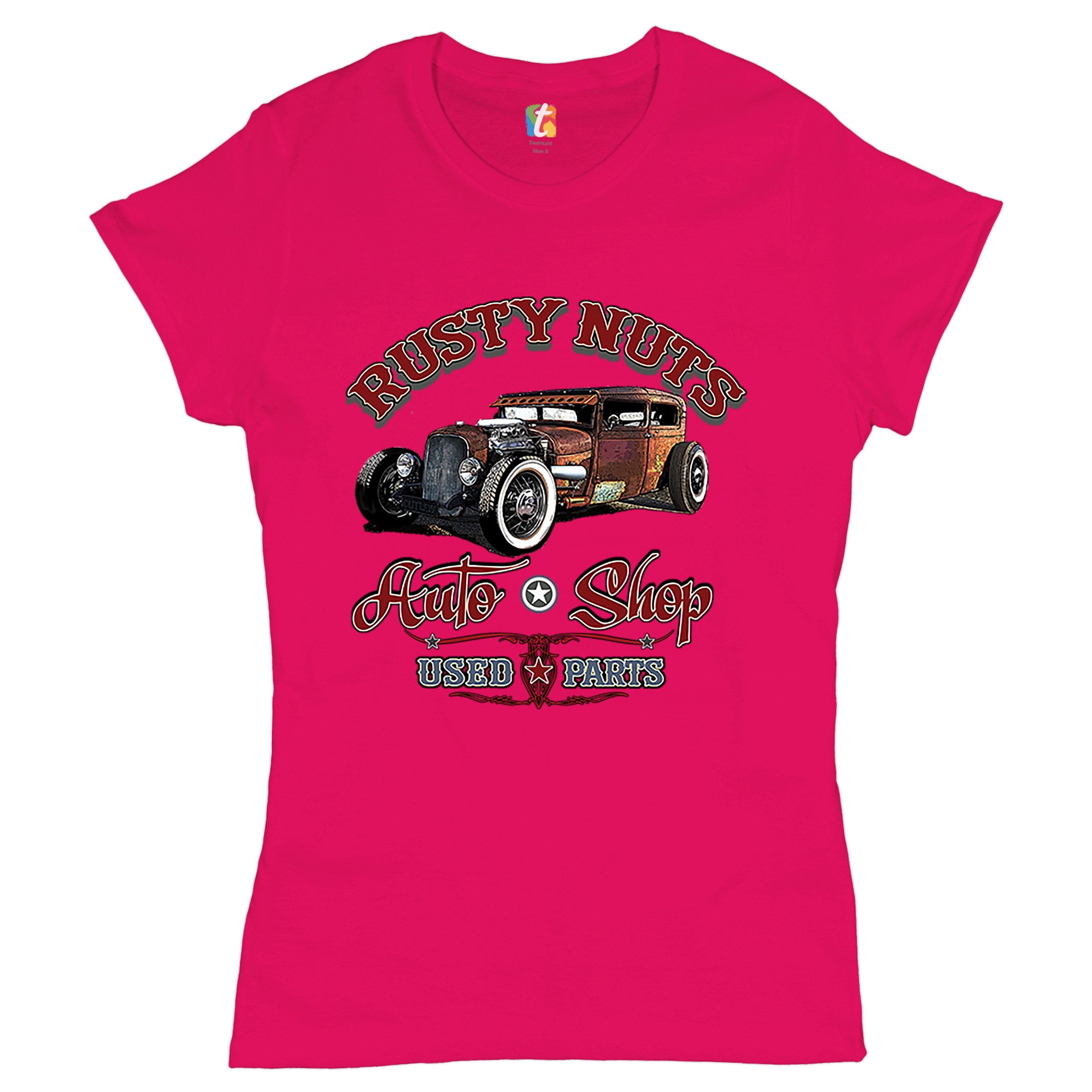 Tee Hunt Rusty Nuts Auto Shop Women's T-Shirt Novelty T-Shirt Vintage Lowrider Rat Rod Tee, Pink ...