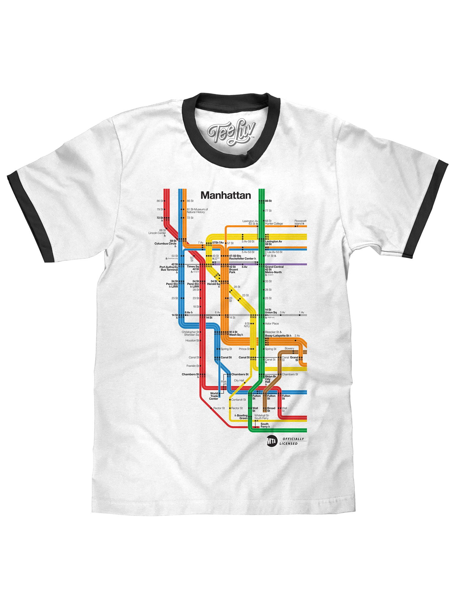 Tee Luv Men's Manhattan NYC MTA Subway Map White and Black Ringer Tee ...