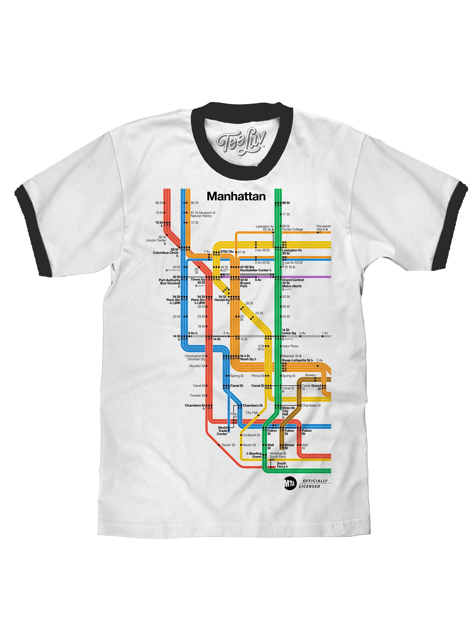 Tee Luv Men's Manhattan NYC MTA Subway Map White and Black Ringer Tee ...