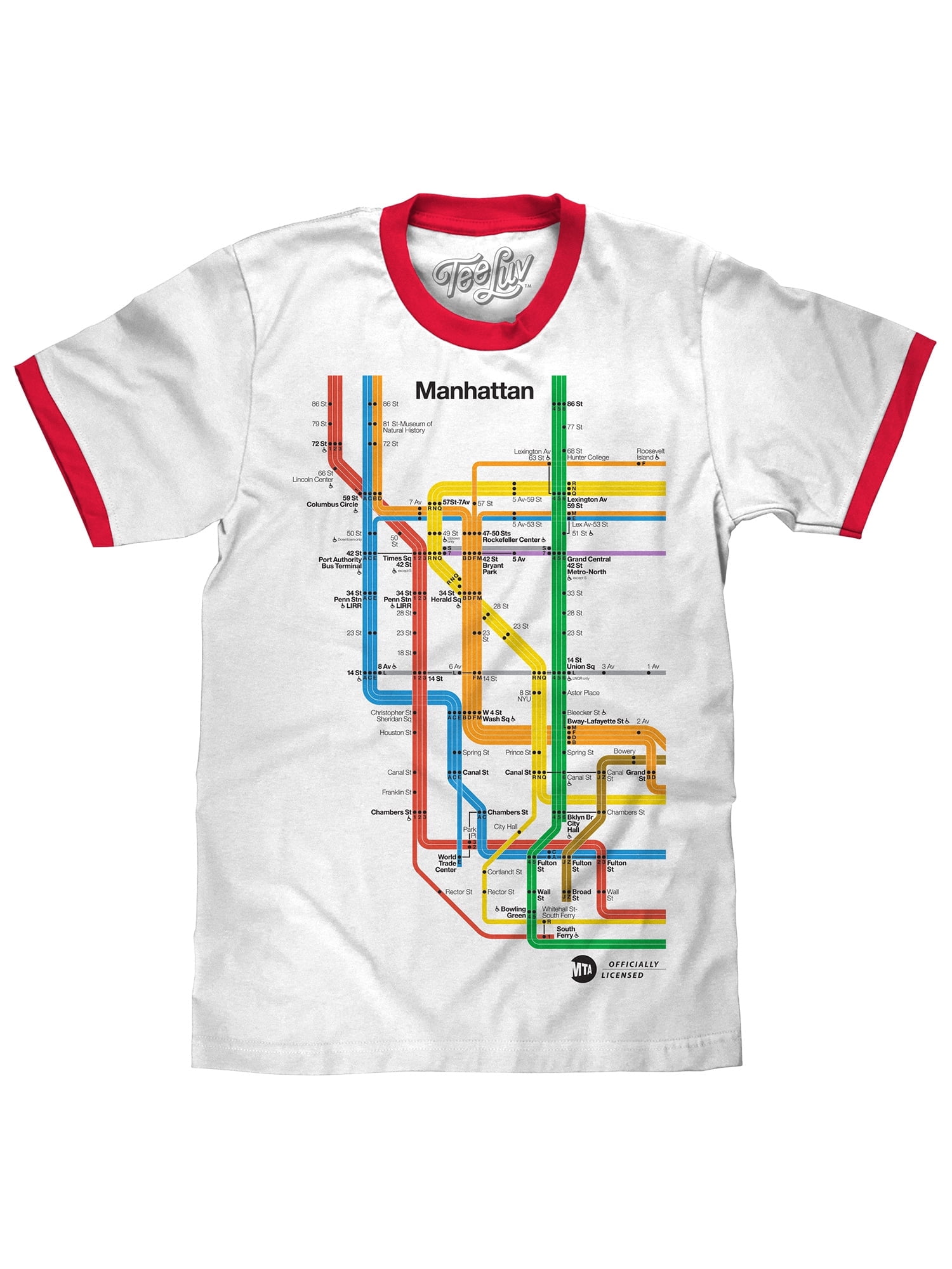 Tee Luv Men's Manhattan NYC MTA Subway Map White and Red Ringer Tee ...