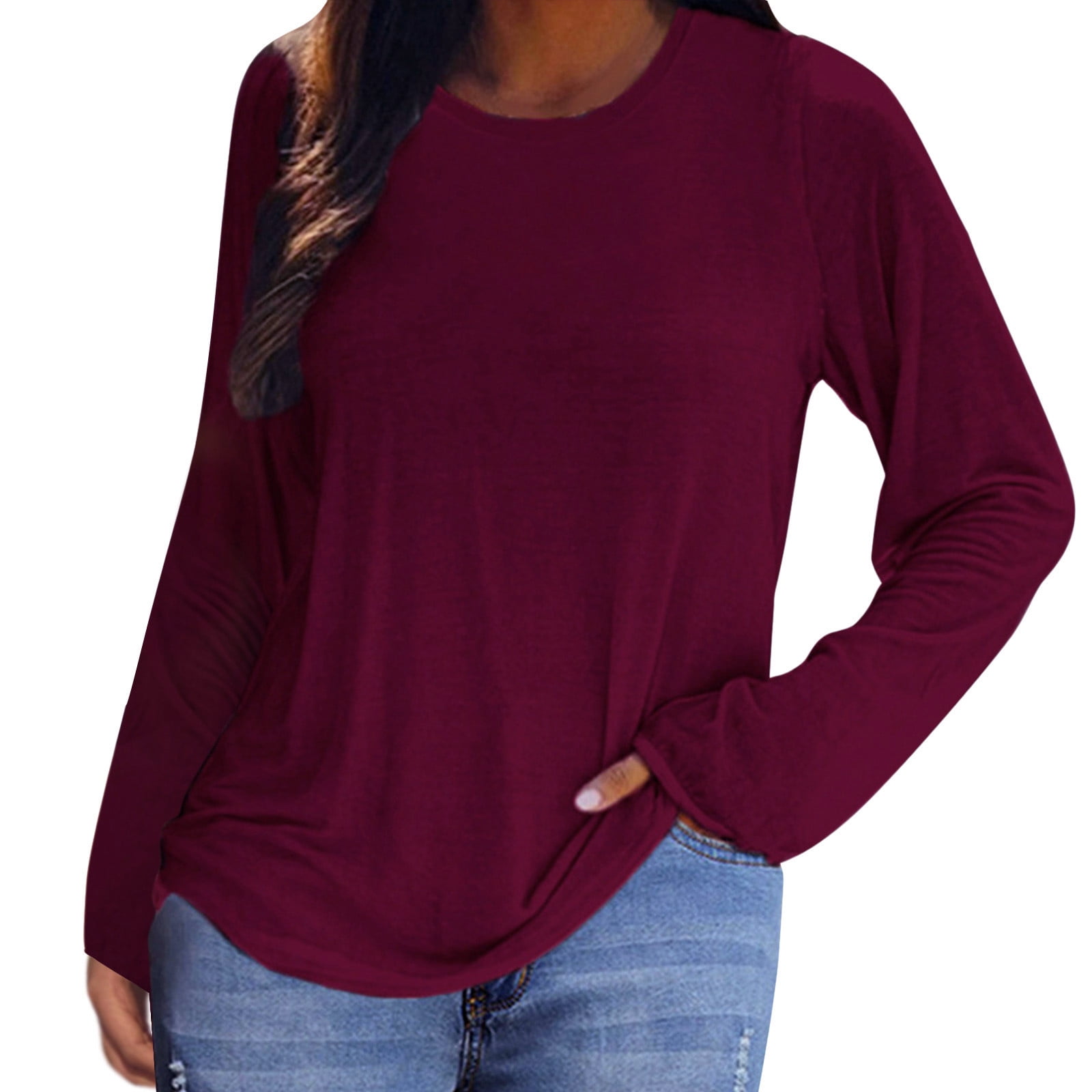 Walmart Women's Long Sleeve Crew Neck Tee Shirt, Solid Print, Wine ...