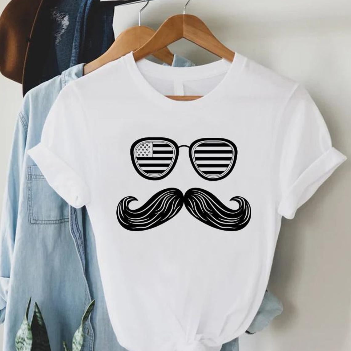 TeeFit American Dad T-Shirt, Dad Mustache Shirt, USA Flag Sun Glasses ...