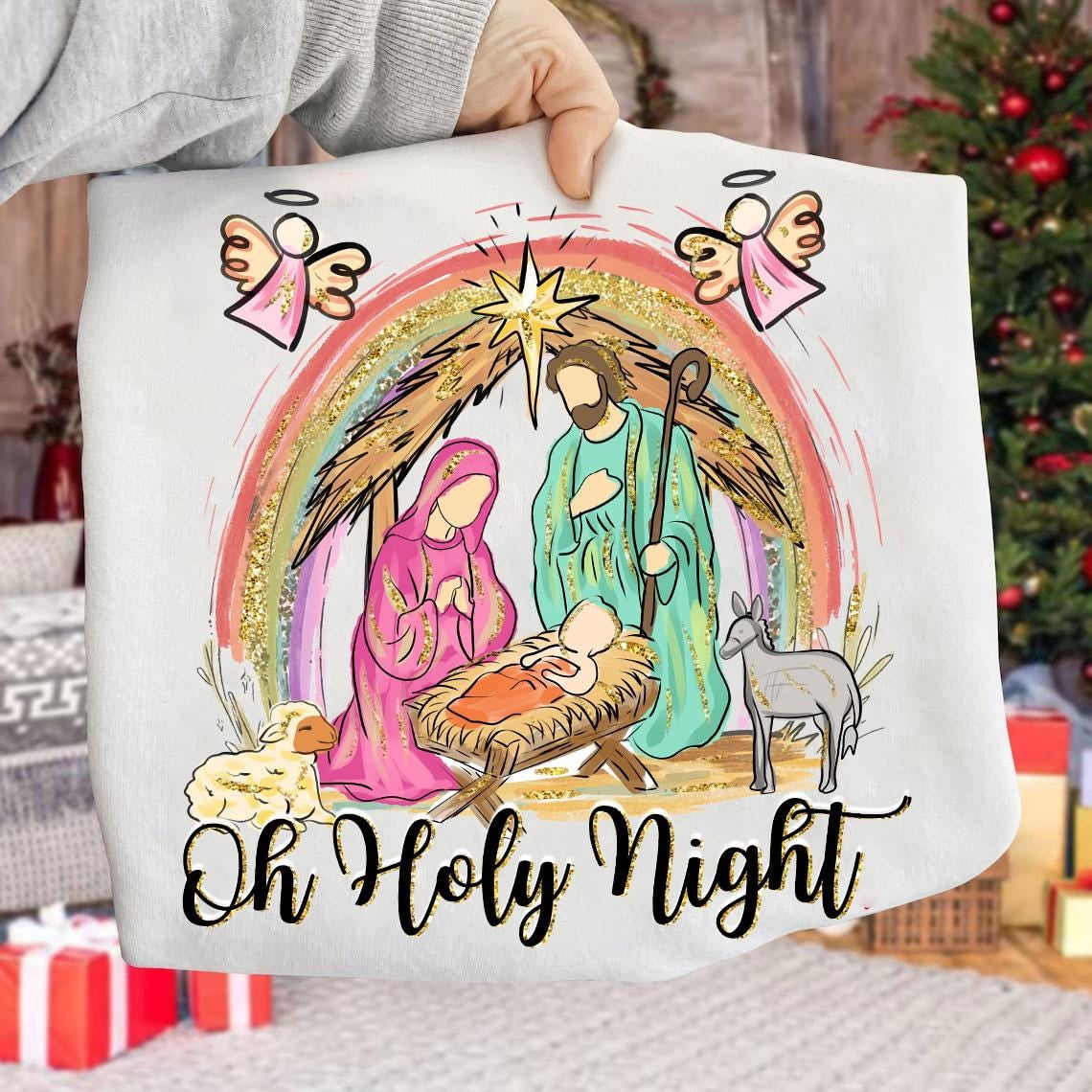 TeeFit Oh Holy Night , Brushstroke Coquette Jesus Winter Holiday ...