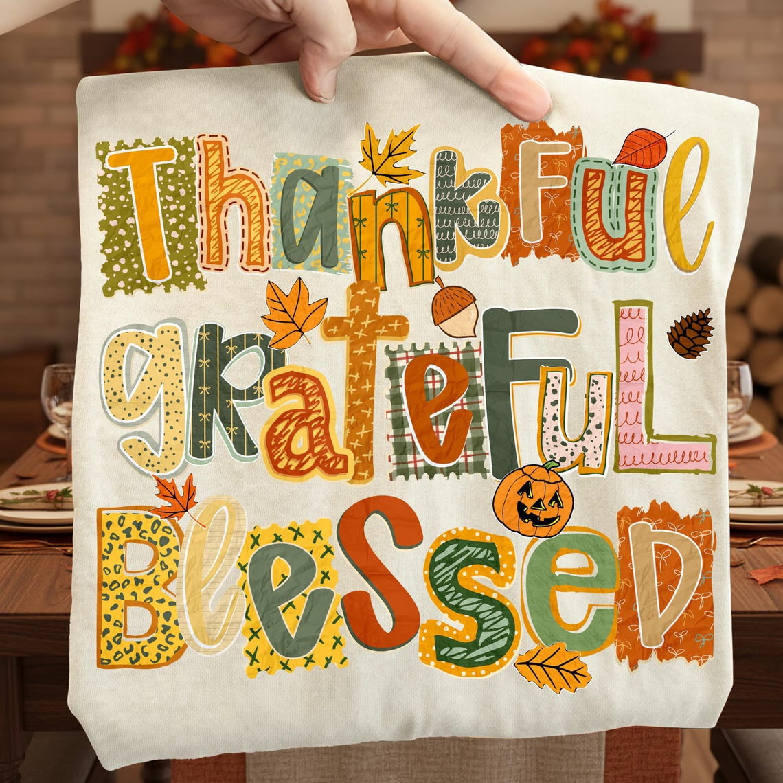 TeeFit Thankful Grateful Blessed, Thanksgiving, family thanksgiving ...
