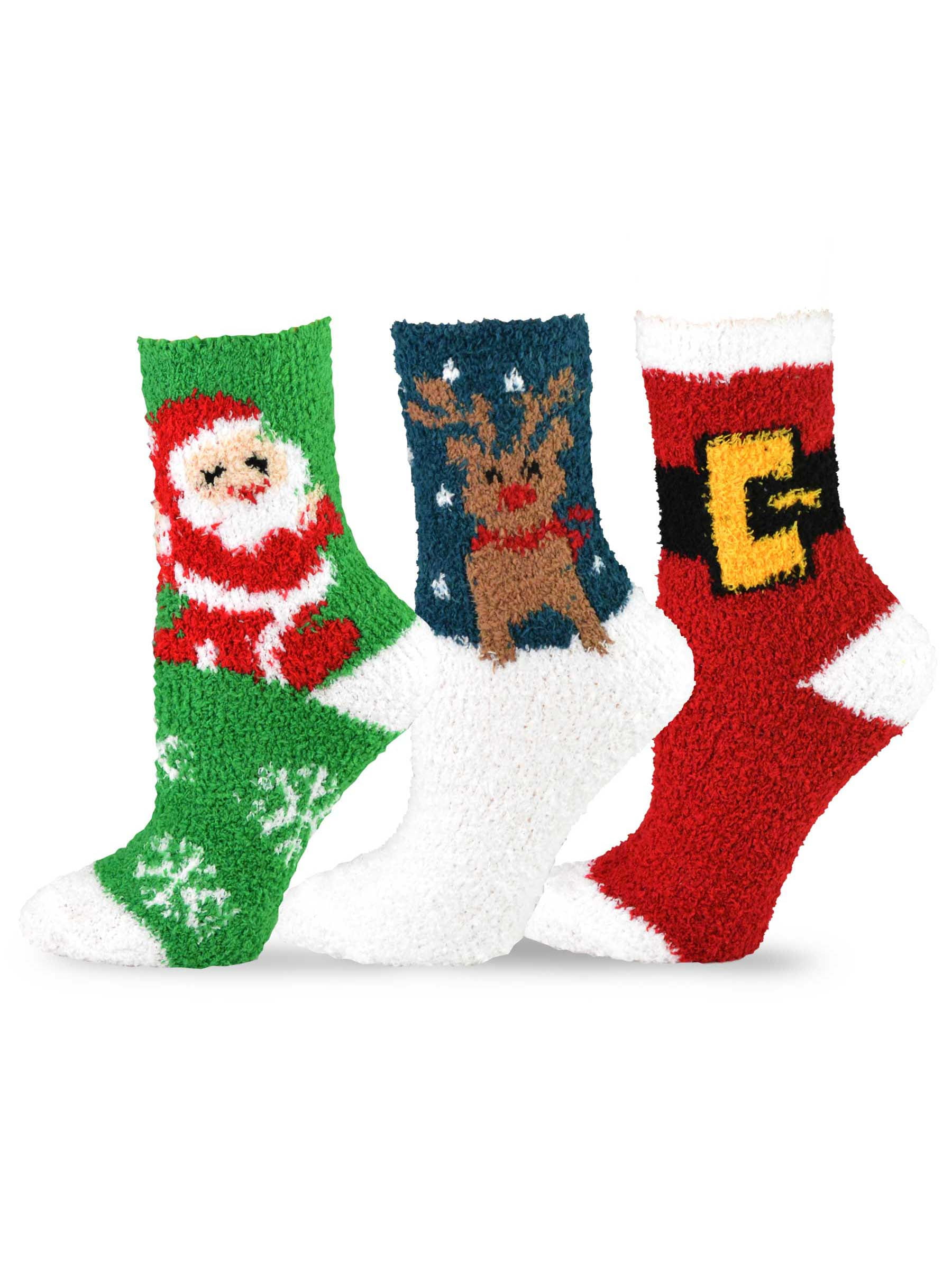 TeeHee Women's Soft Christmas Holiday Fuzzy Crew Socks 3-Pack (Santa ...