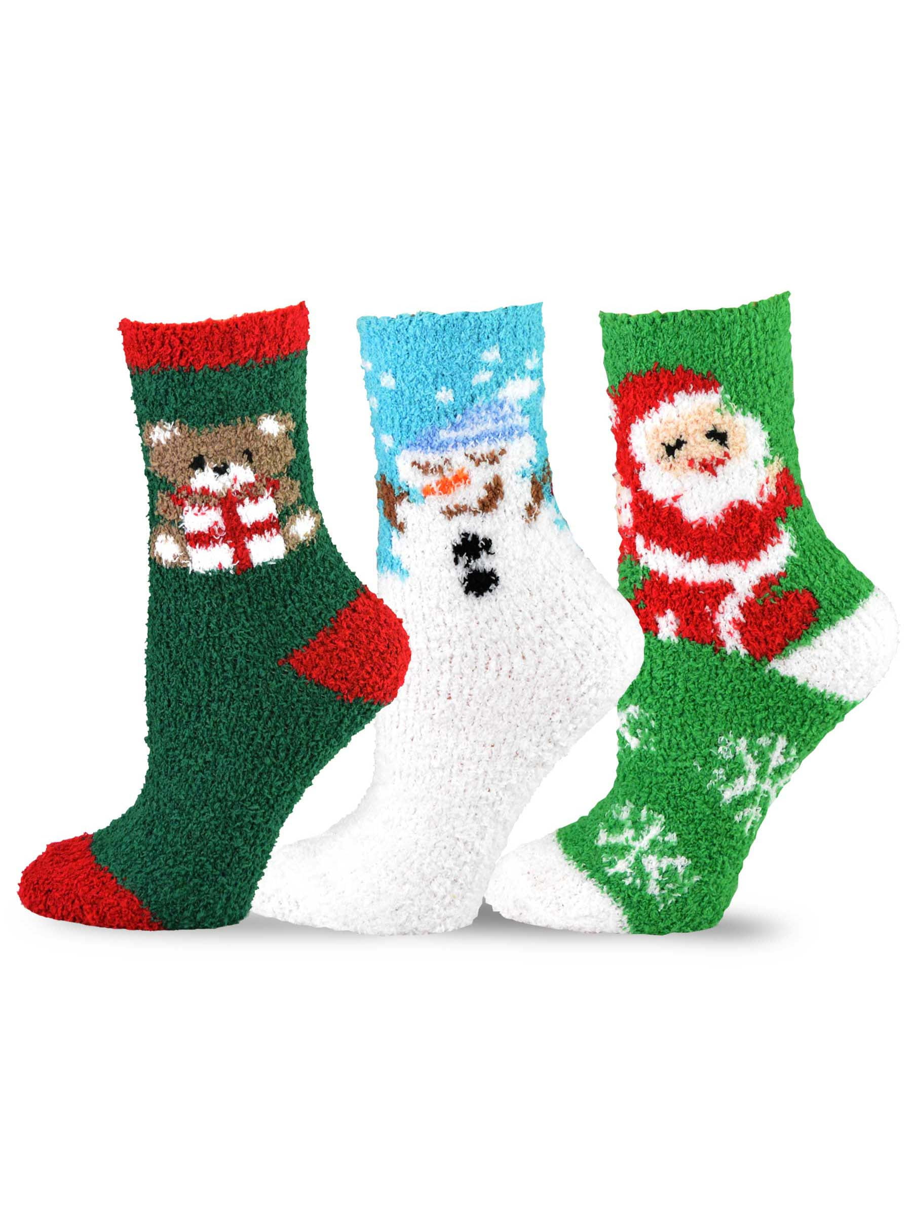TeeHee Christmas Holiday Cozy Fuzzy Crew Socks 3-Pack for Women (Santa ...