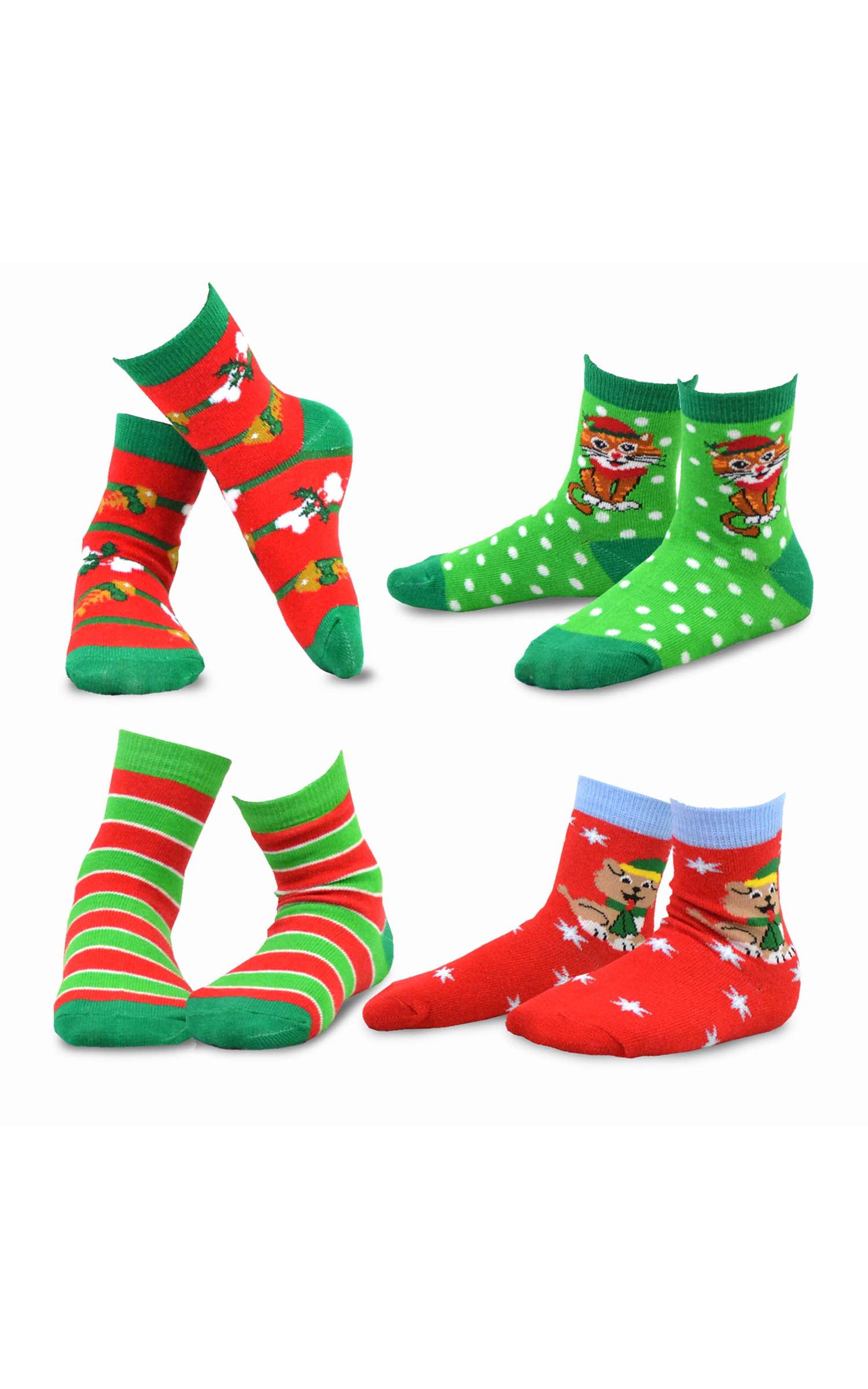 TeeHee Christmas Kids Cotton Fun Crew Socks 4-Pair Pack (6-8 Years, Cat ...