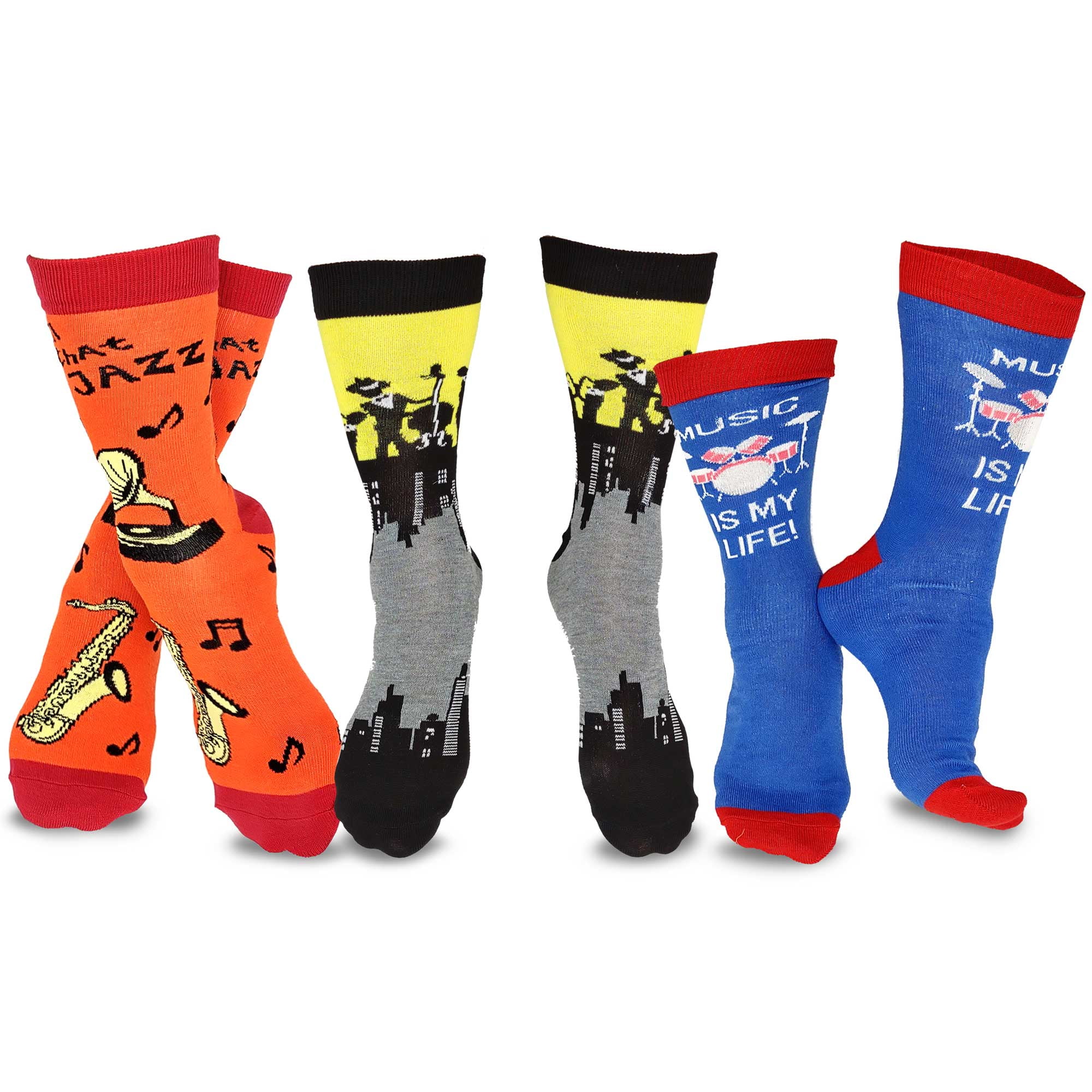 Teehee Fun Music Novelty Crew Socks, Men 3-Pack, Jazz Drums, Cotton ...