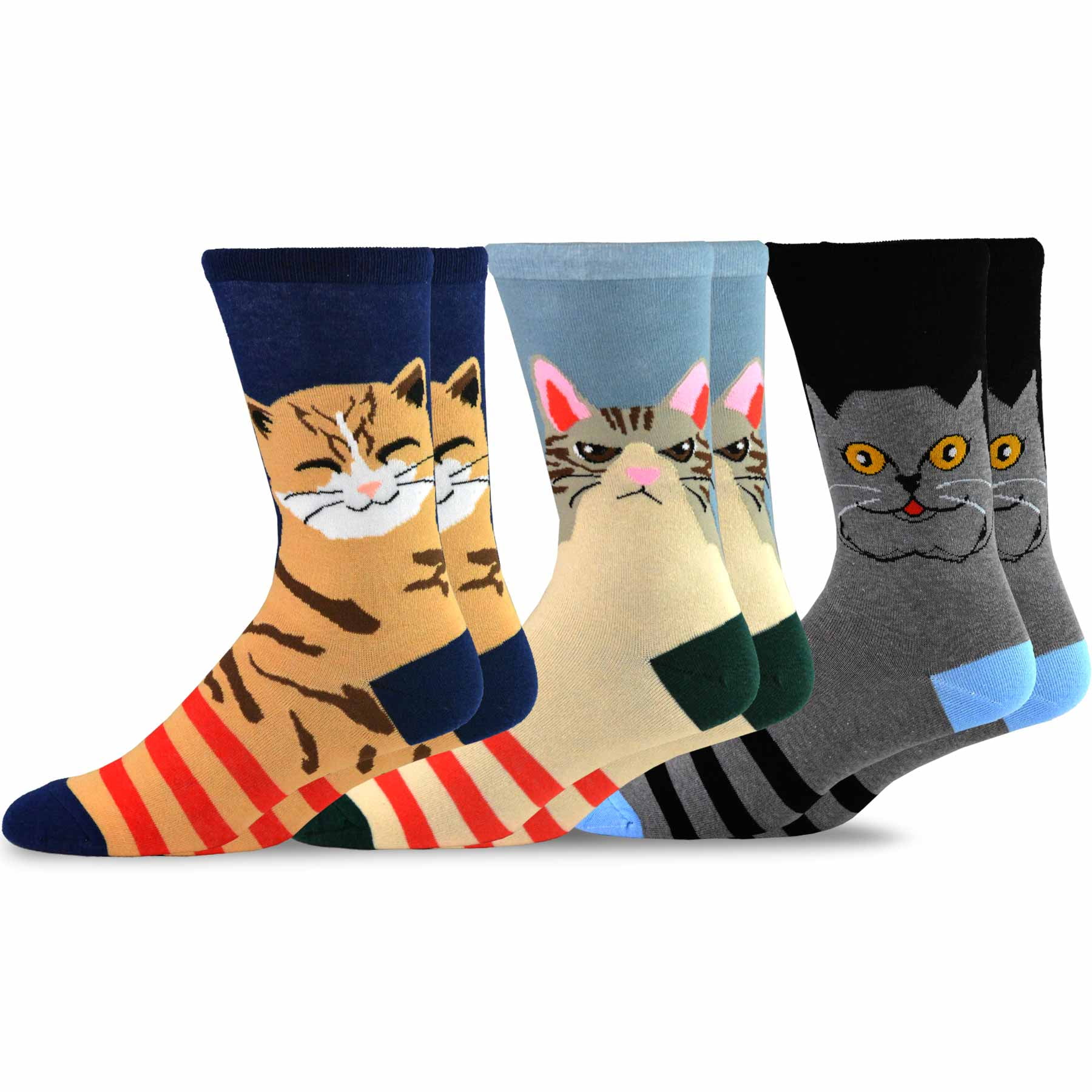 TeeHee Men's Fun Cats Cotton Crew Socks, 3-Pack, Colorful, Breathable ...