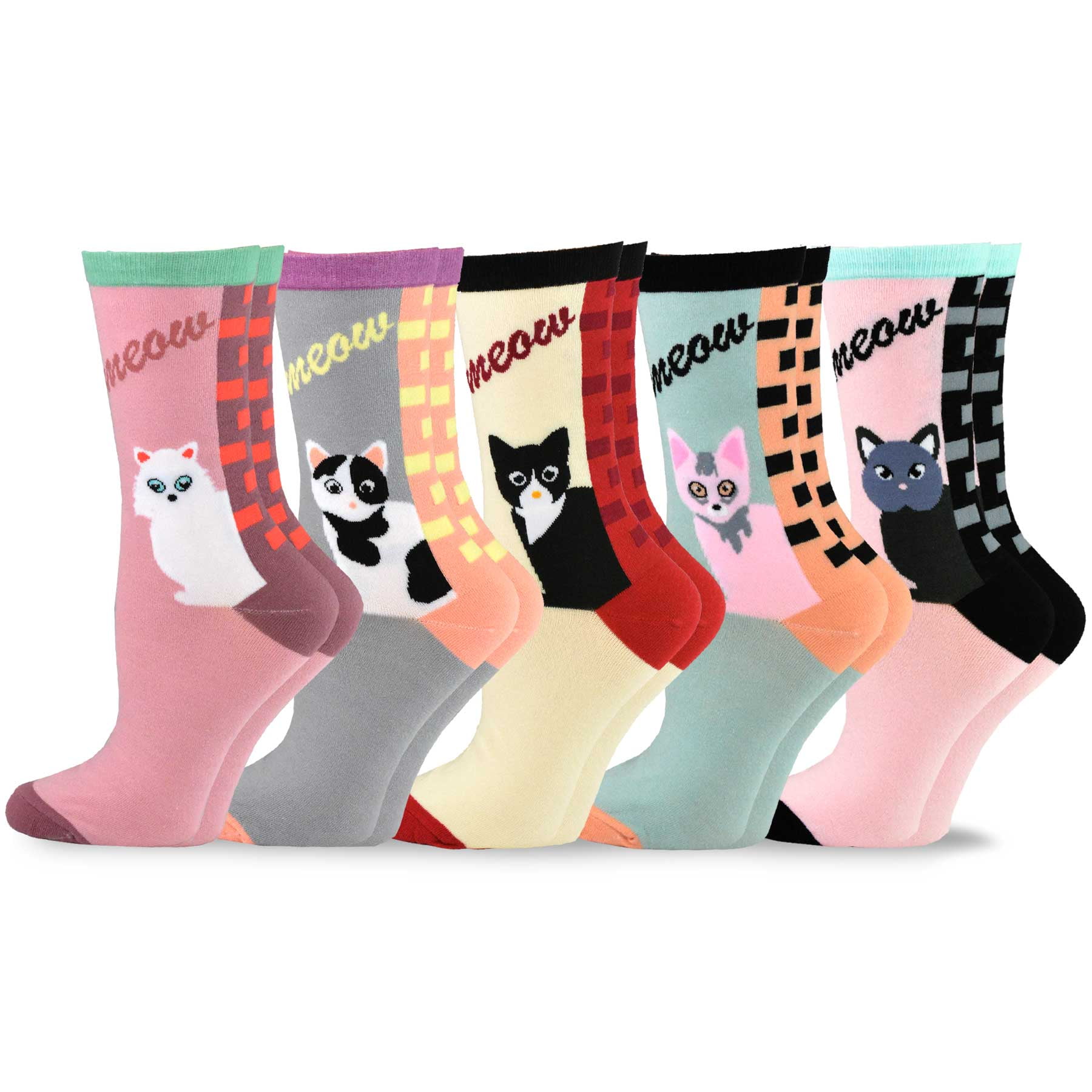 TeeHee Fun Novelty Cats Cotton Crew Women's Socks 9-11 5-Pairs Meow ...