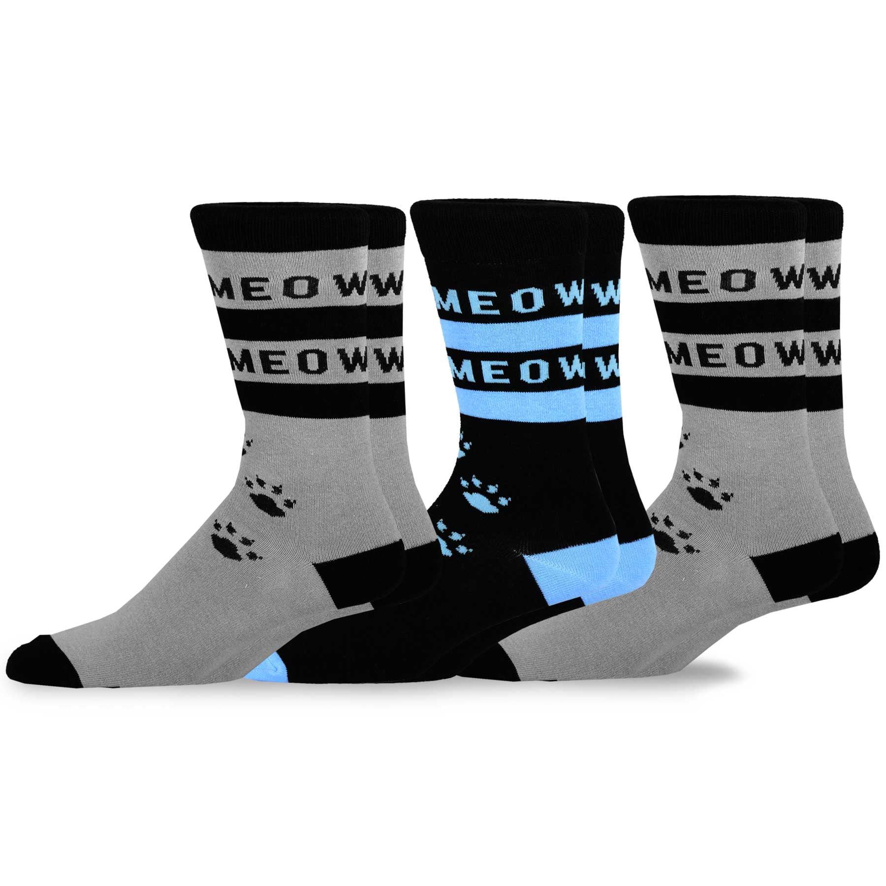 TeeHee Fun Novelty Cats Cotton Men's Crew Socks Cat Meow 3 Pairs Grey ...