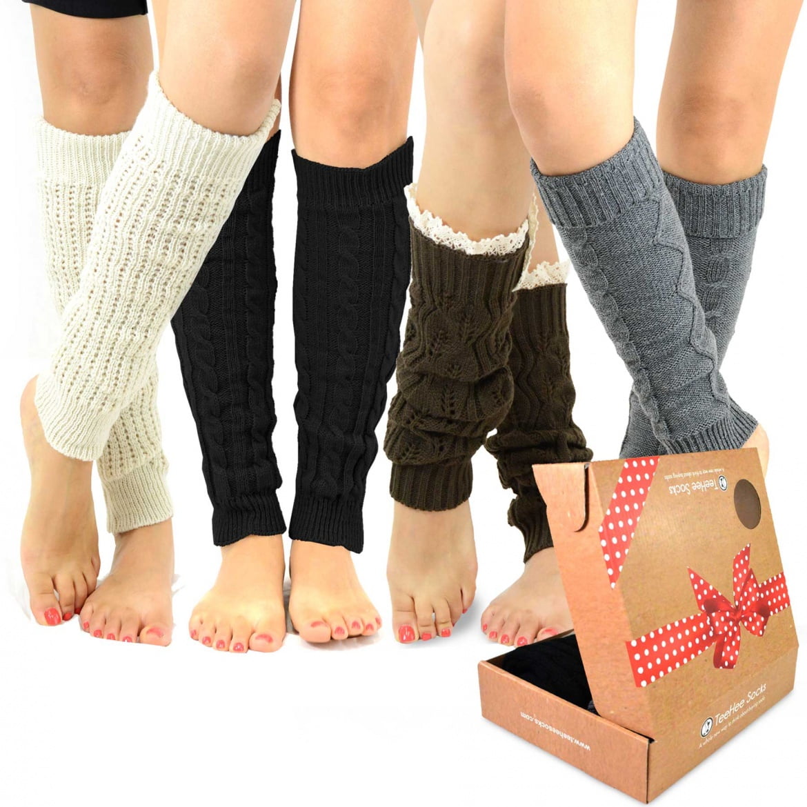 TeeHee Socks Women's Fashion Leg Warmers 4-Pack, Knit Cable Boot Style ...