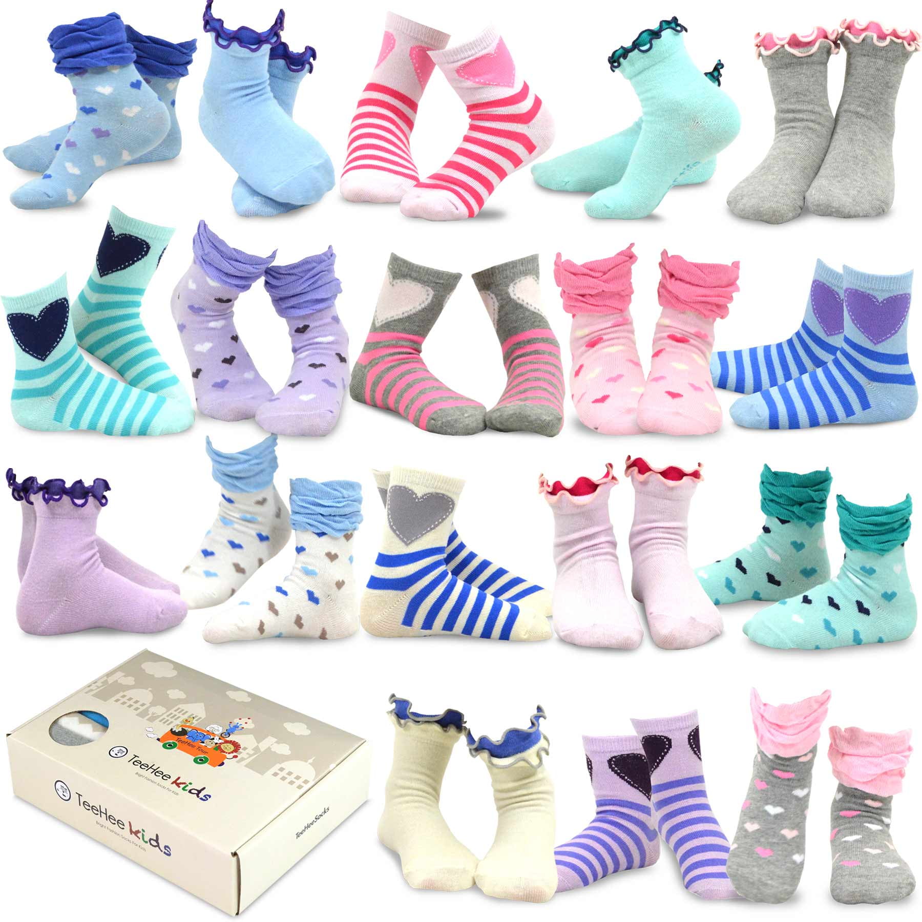 TeeHee Non-Slip Bottom Girls Toddler Kids Socks, Cute Fun Cotton Crew ...