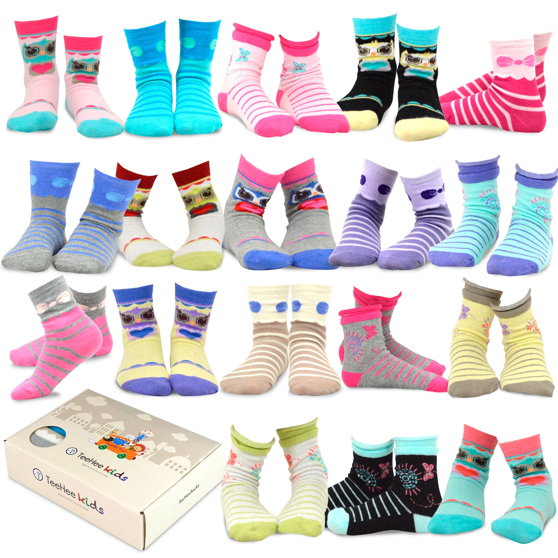 TeeHee Girls' Non-Slip Cotton Crew Socks 18 Pair Pack with Gift Box for ...