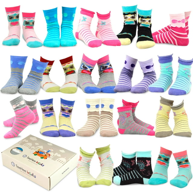 TeeHee Girls' Non-Slip Cotton Crew Socks 18 Pair Pack with Gift Box for ...