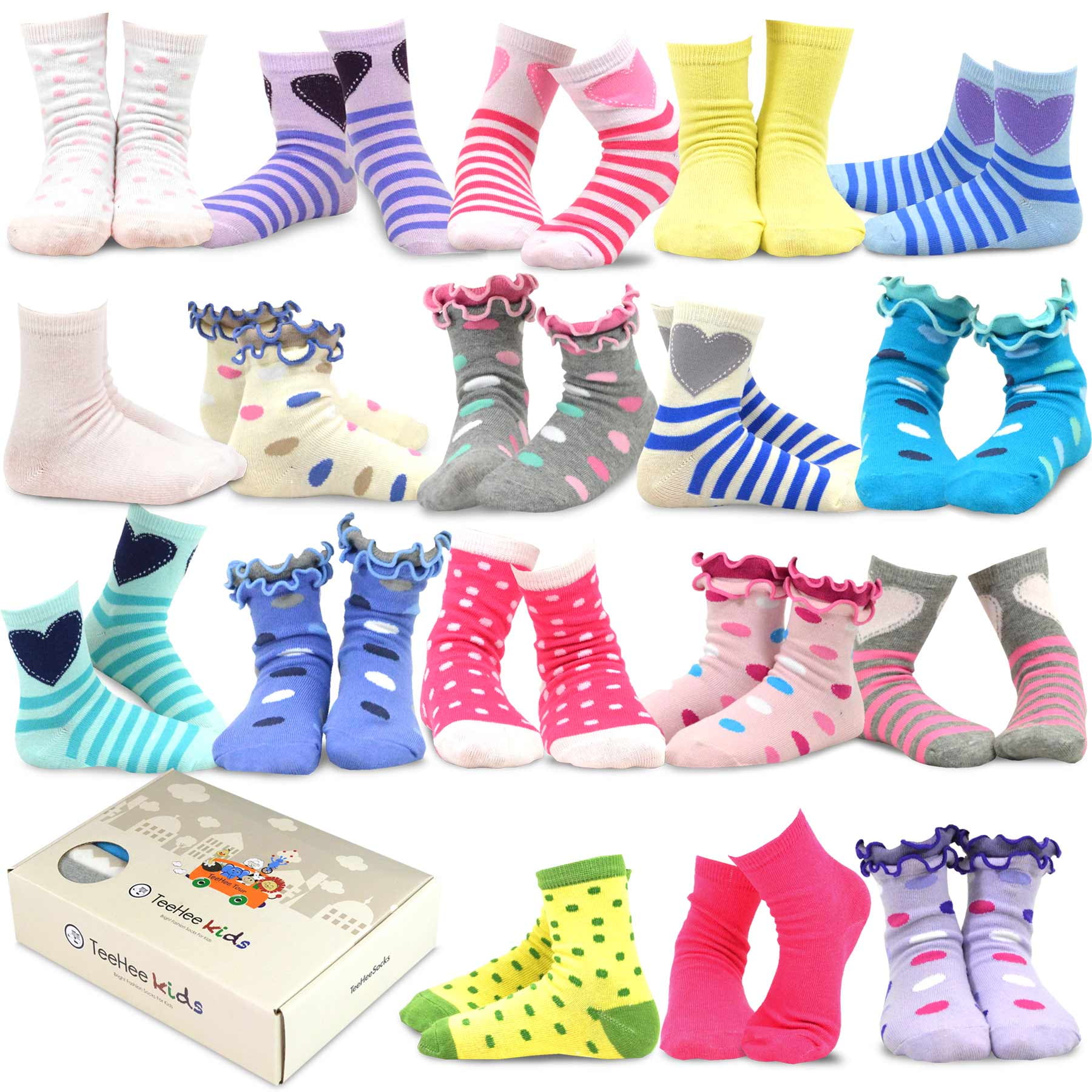 TeeHee Girls Toddler Kids Socks Cute and Fun Cotton Crew Socks 18 Pair ...