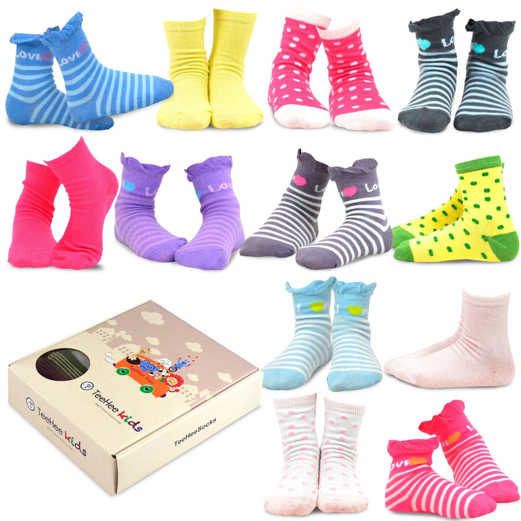 TeeHee Kids Girls Cotton Fashion Crew Socks 12 Pair Pack (3-5 Years ...