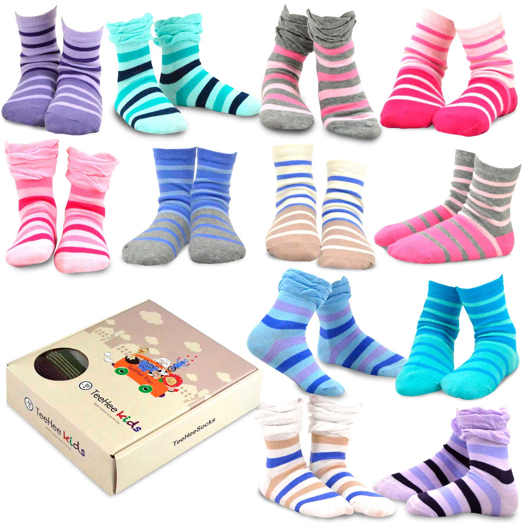 TeeHee Kids Girls Cotton Fashion Crew Socks 12 Pair Pack (3-5 Years, Tonal Stripe & Ruffle Top ...