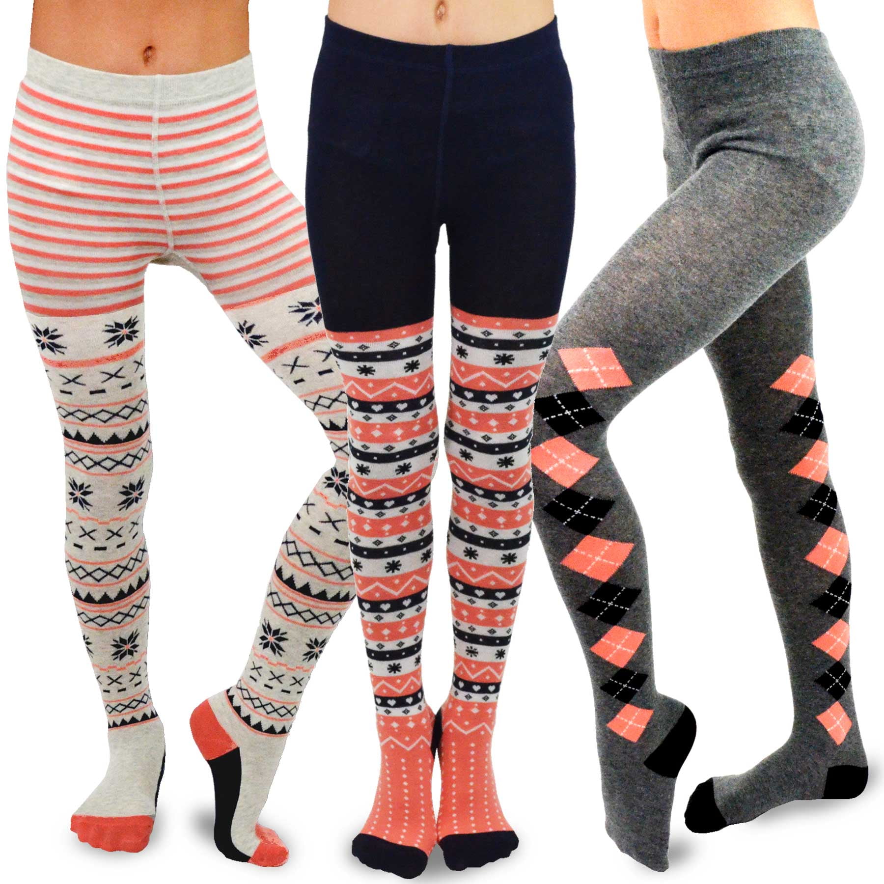 TeeHee Kids Girls Fashion Cotton Tights 3 Pair Pack (6-8 Years, Argyle ...