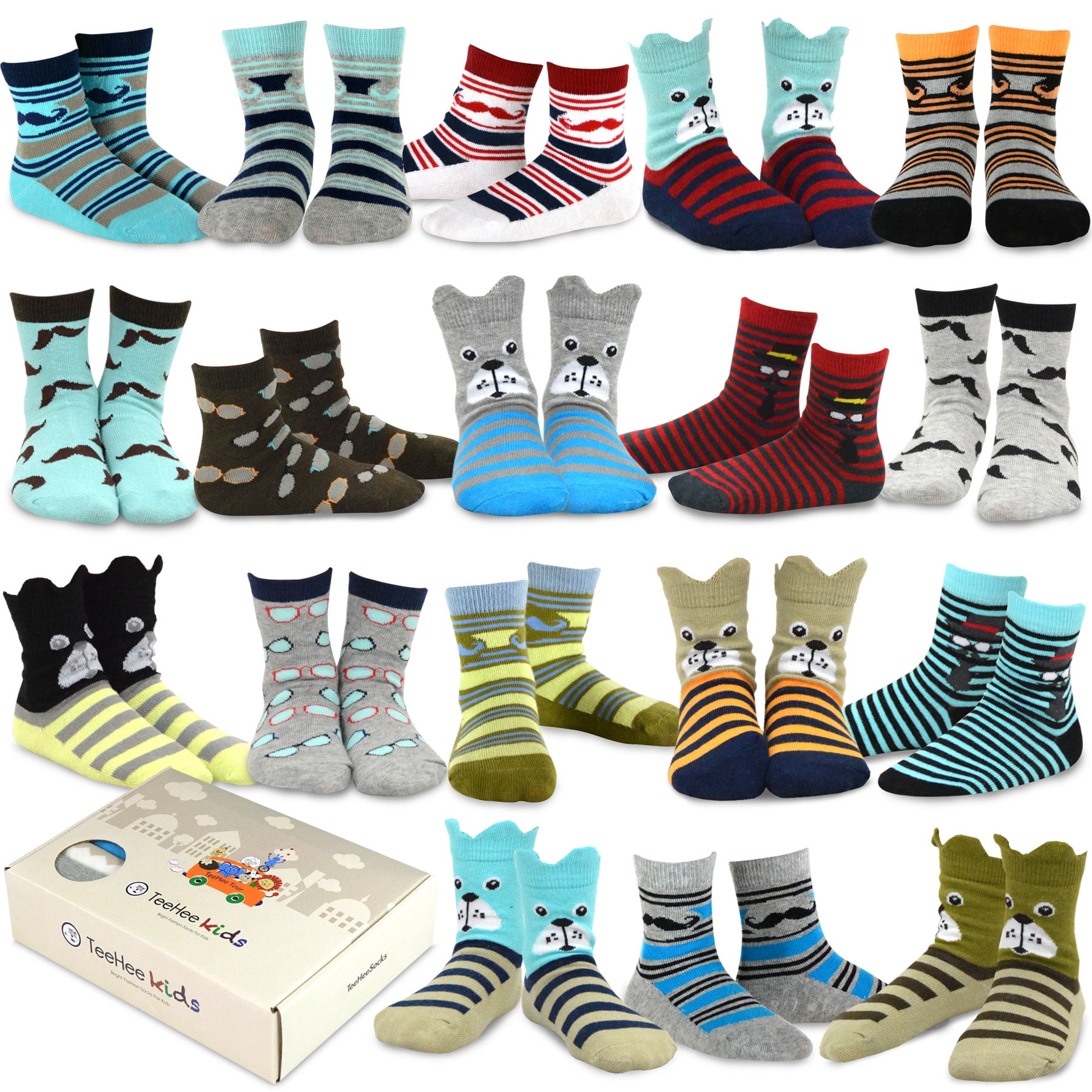 TeeHee Kids Boys Non-Slip Cotton Crew Socks 18 Pair Pack with Gift Box ...