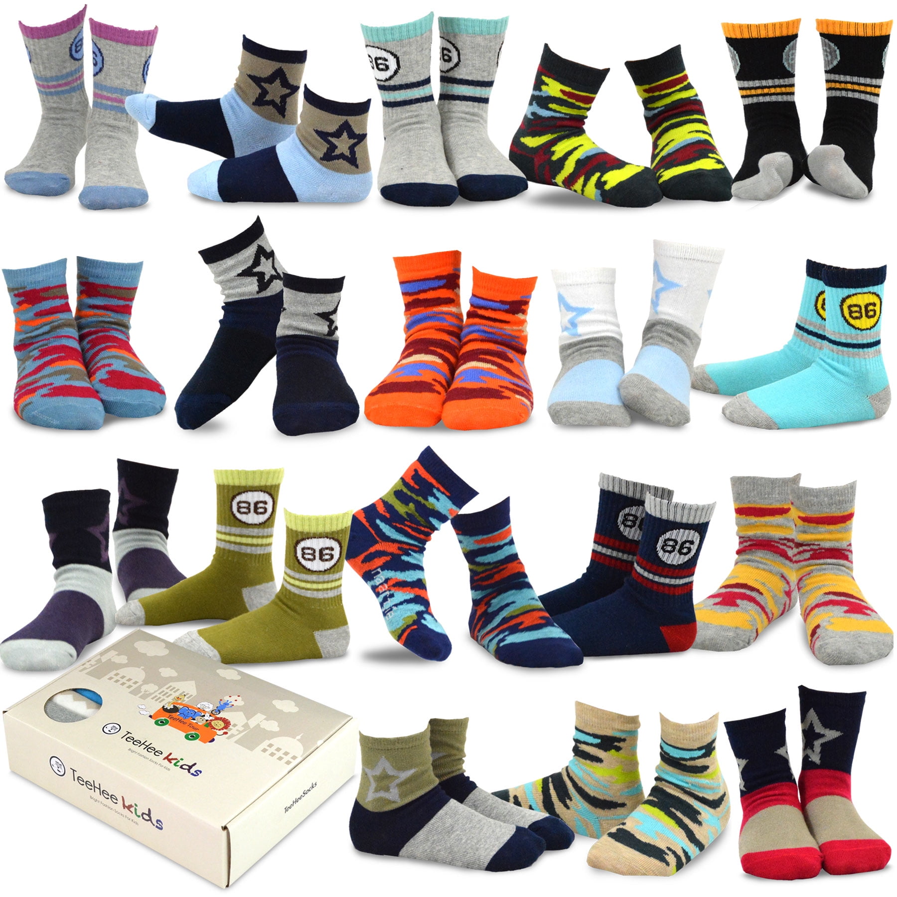 TeeHee Kids and Boys Non-Slip Cotton Crew Socks 18 Pair Pack with Gift ...