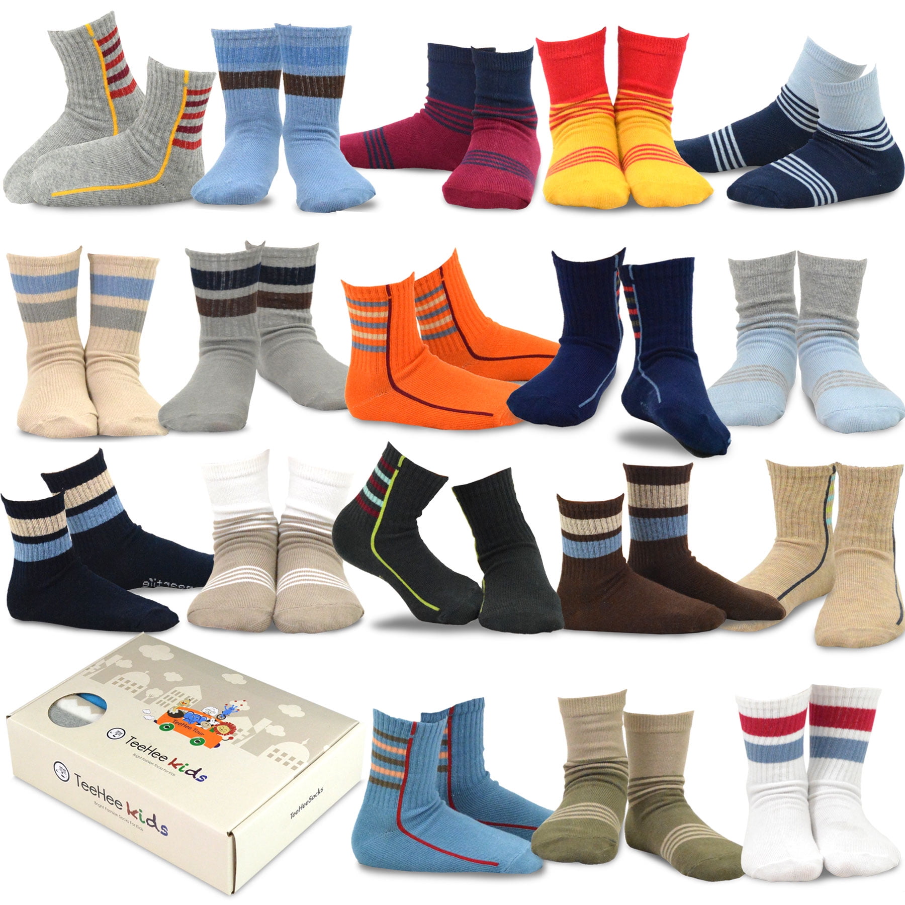 TeeHee Kids Boys Cotton Crew Socks 18 Pair Pack with Gift Box, Sports ...