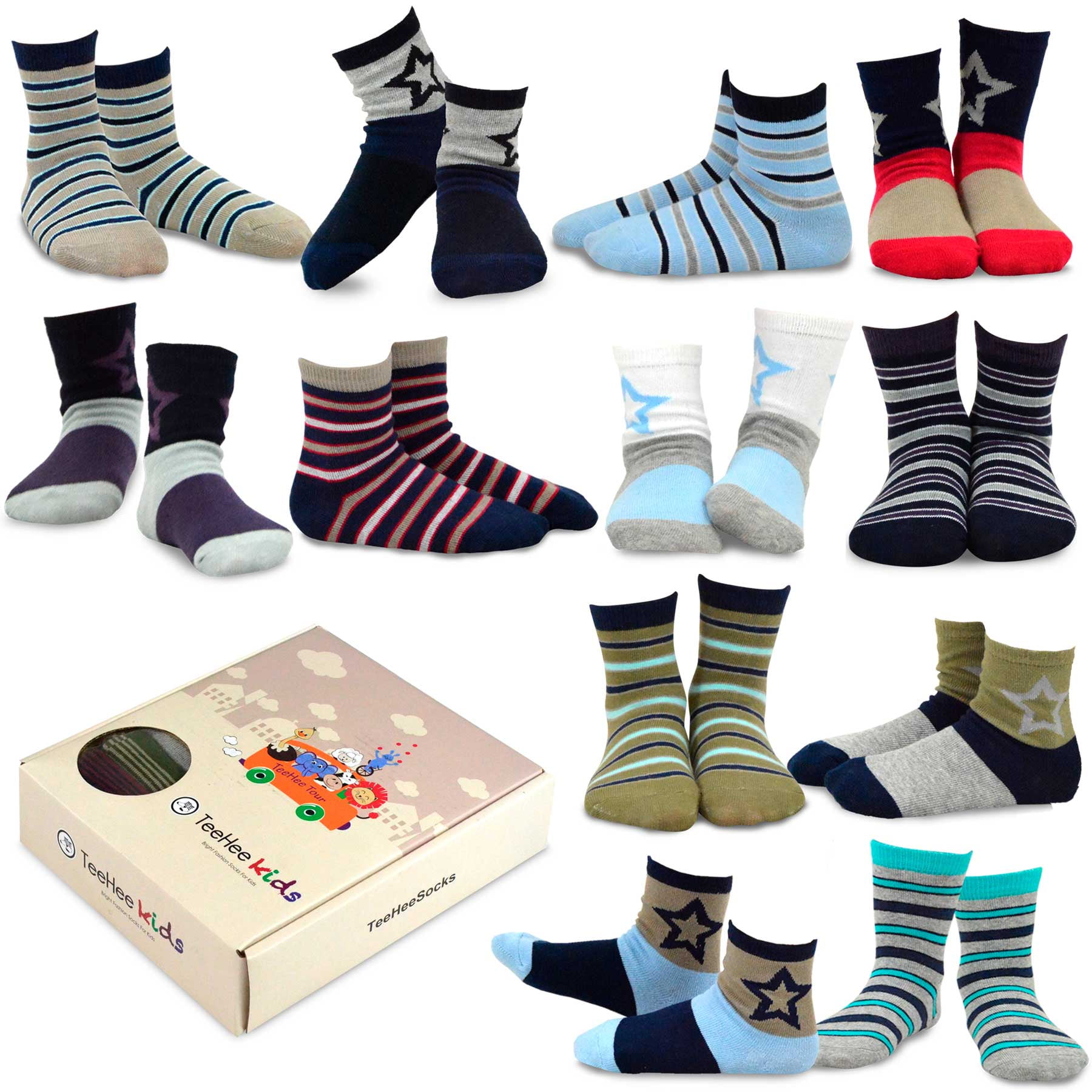 TeeHee Little Boys and Toddler Cotton Crew Socks 12 Pair Gift Box (3-5 ...